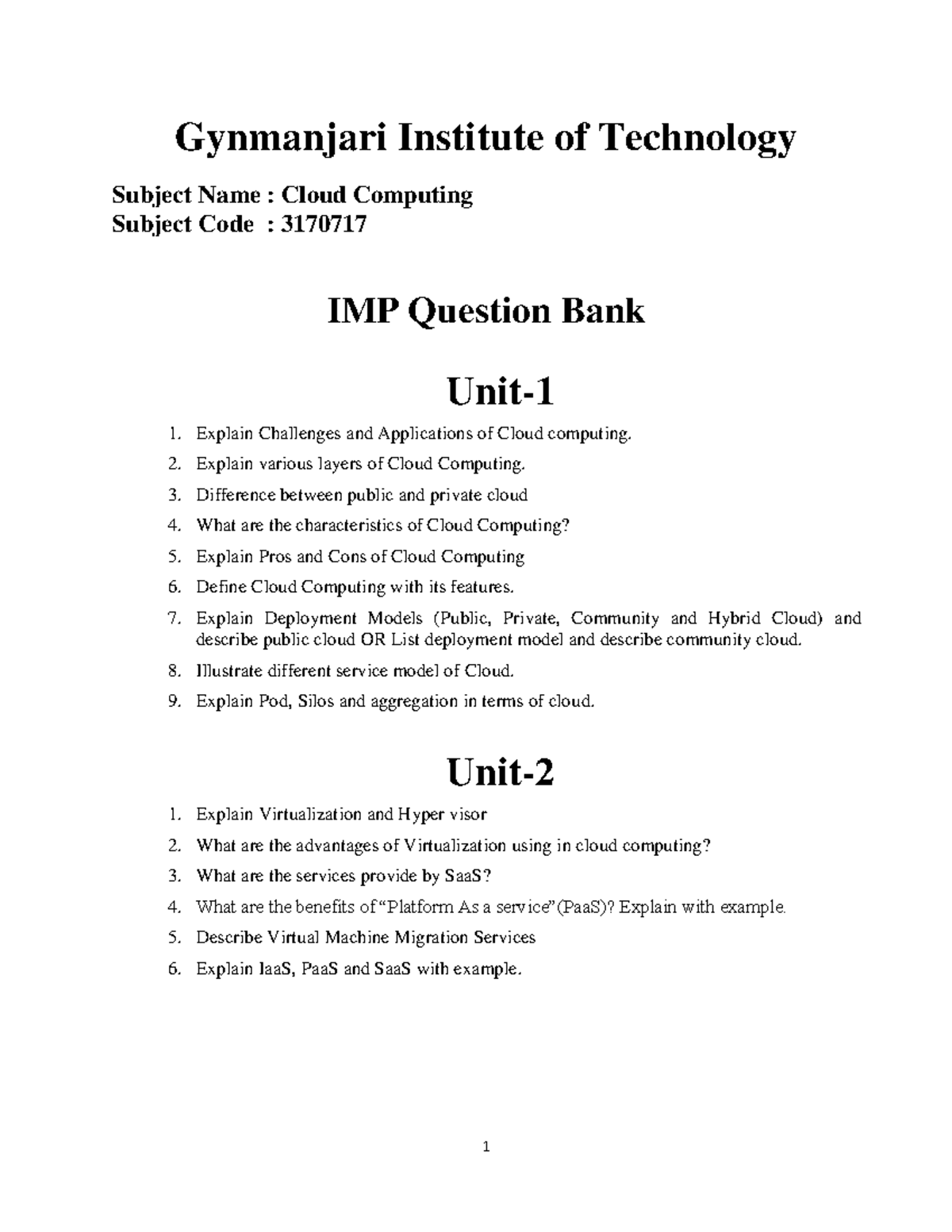 IMP Question Bank - Cloud computing imp - 1 Gynmanjari Institute of ...
