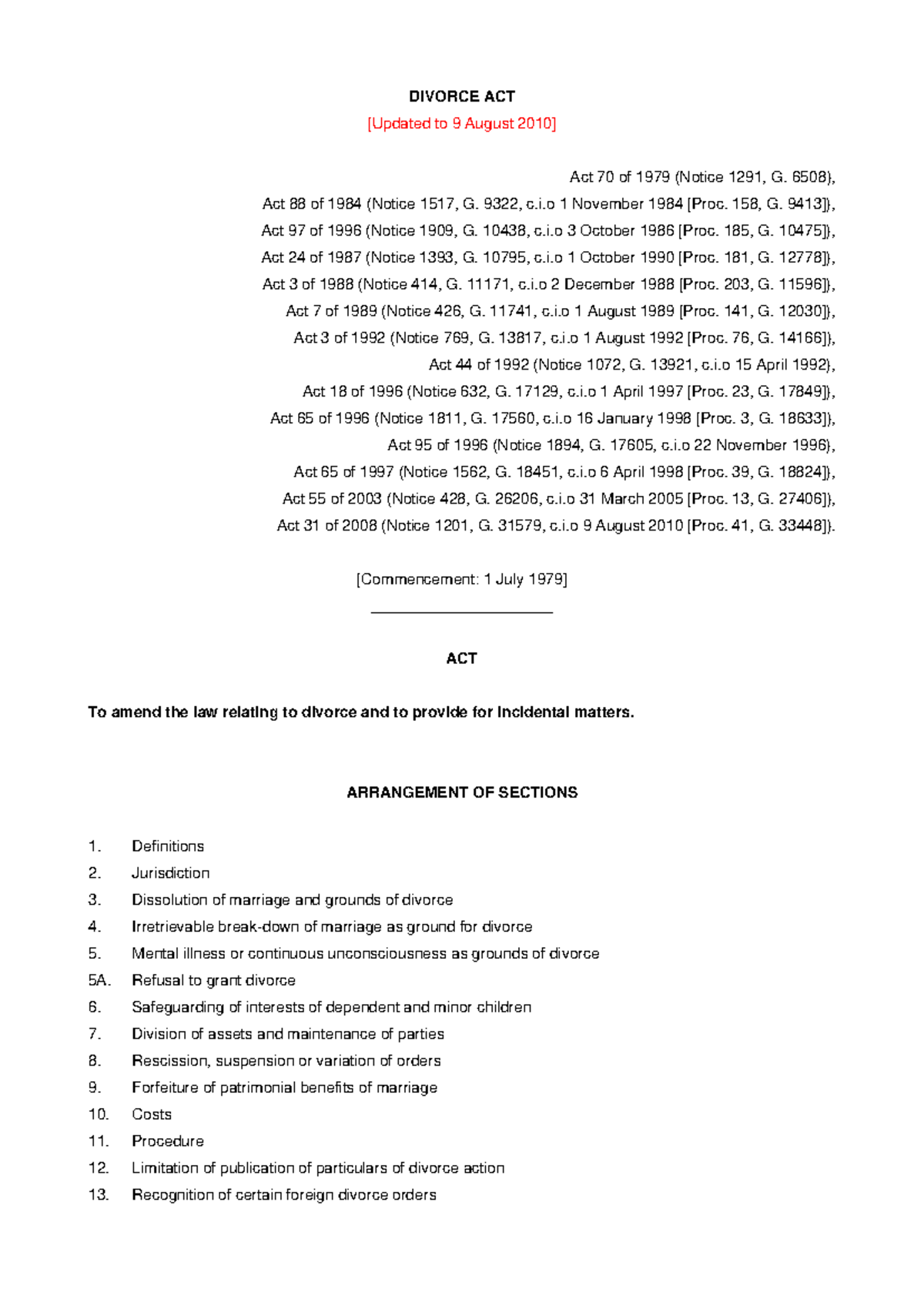 Divorce Act 70 of 1979-2 - DIVORCE ACT [Updated to 9 August 2010] Act ...