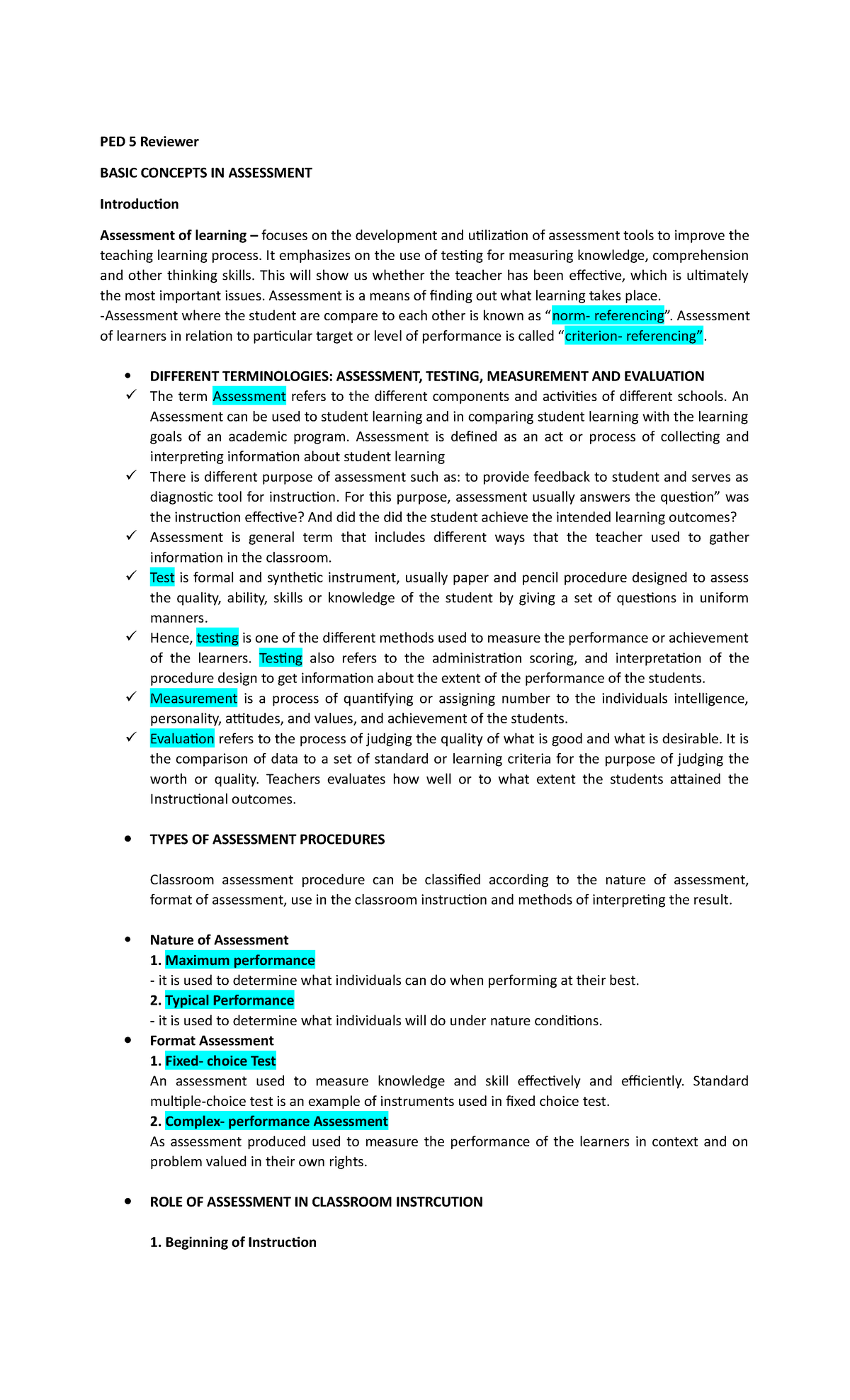PED-5- Reviewer - will. - PED 5 Reviewer BASIC CONCEPTS IN ASSESSMENT Introduction Assessment of ...