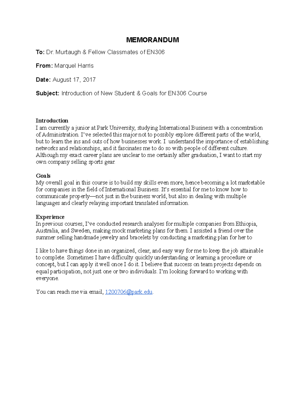 Sample Memorandum - Grade: A - MEMORANDUM To: Dr. Murtaugh & Fellow ...