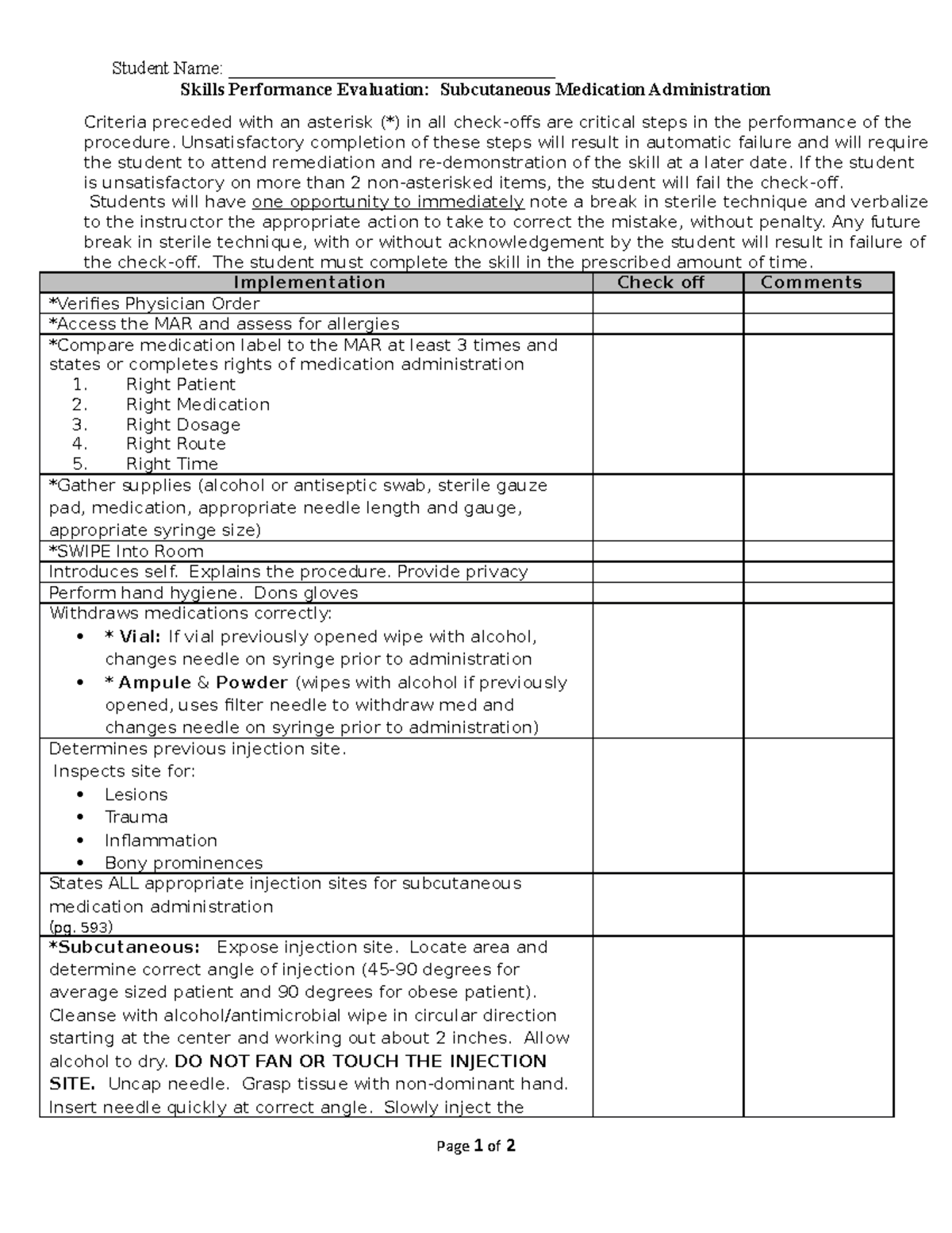 Subcutaneous Medication Administration check off - Student Name
