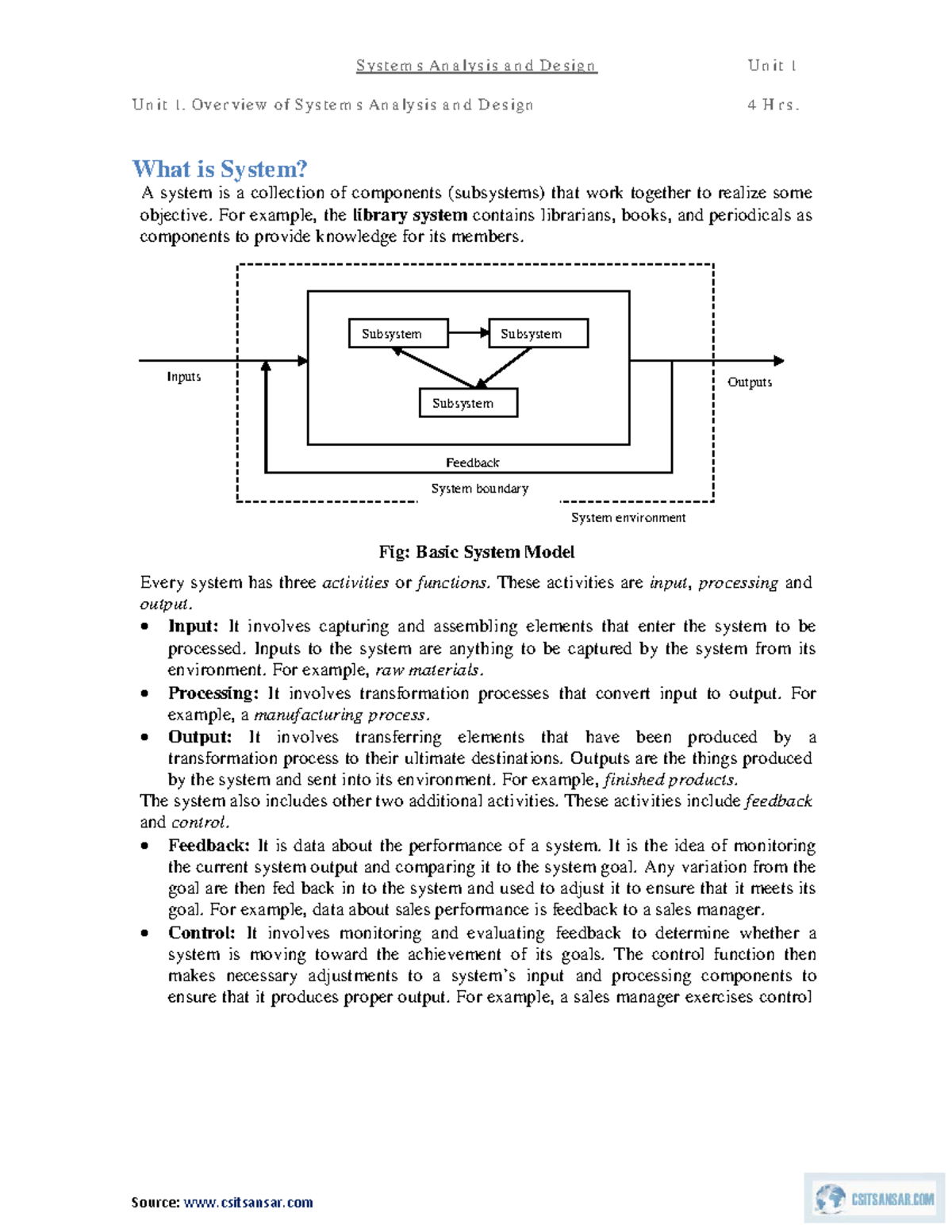 SAD Unit 1 - Lecture notes 1 - U n it 1. Ove rvie w o f S ys te m s An ...