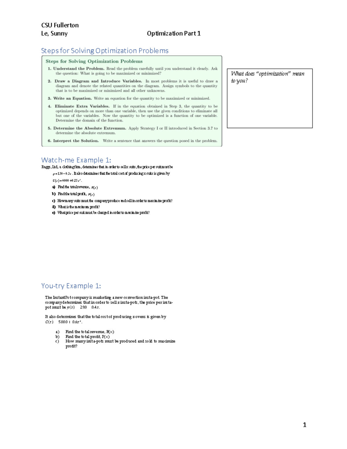 12 Optimization Part 1 Csu Fullerton Le Sunny Optimization Part 1 1