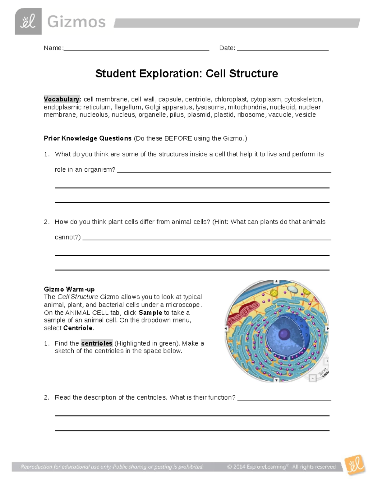 Cell Structure SE - 2018 Name: Date: Student Exploration: Cell ...