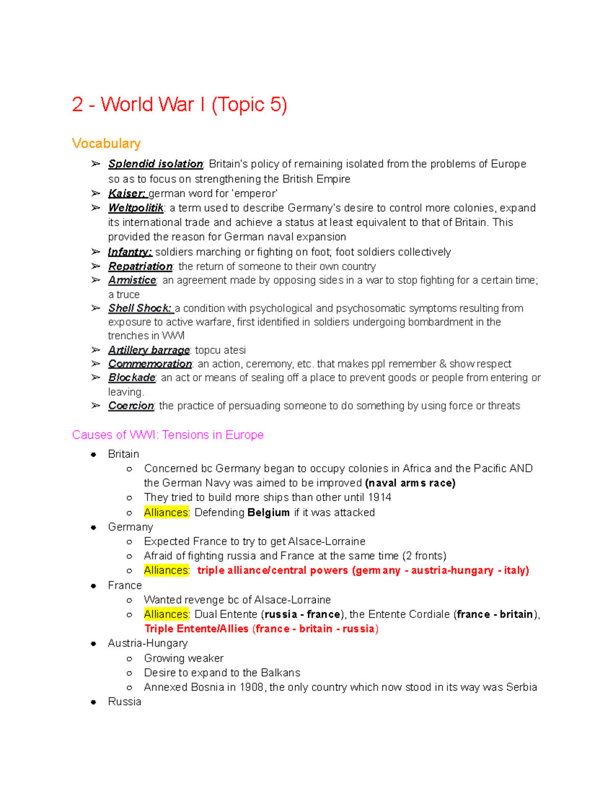 Studocu COPY Modern History Year 11 WWI Notes - 2 - World War I (Topic ...