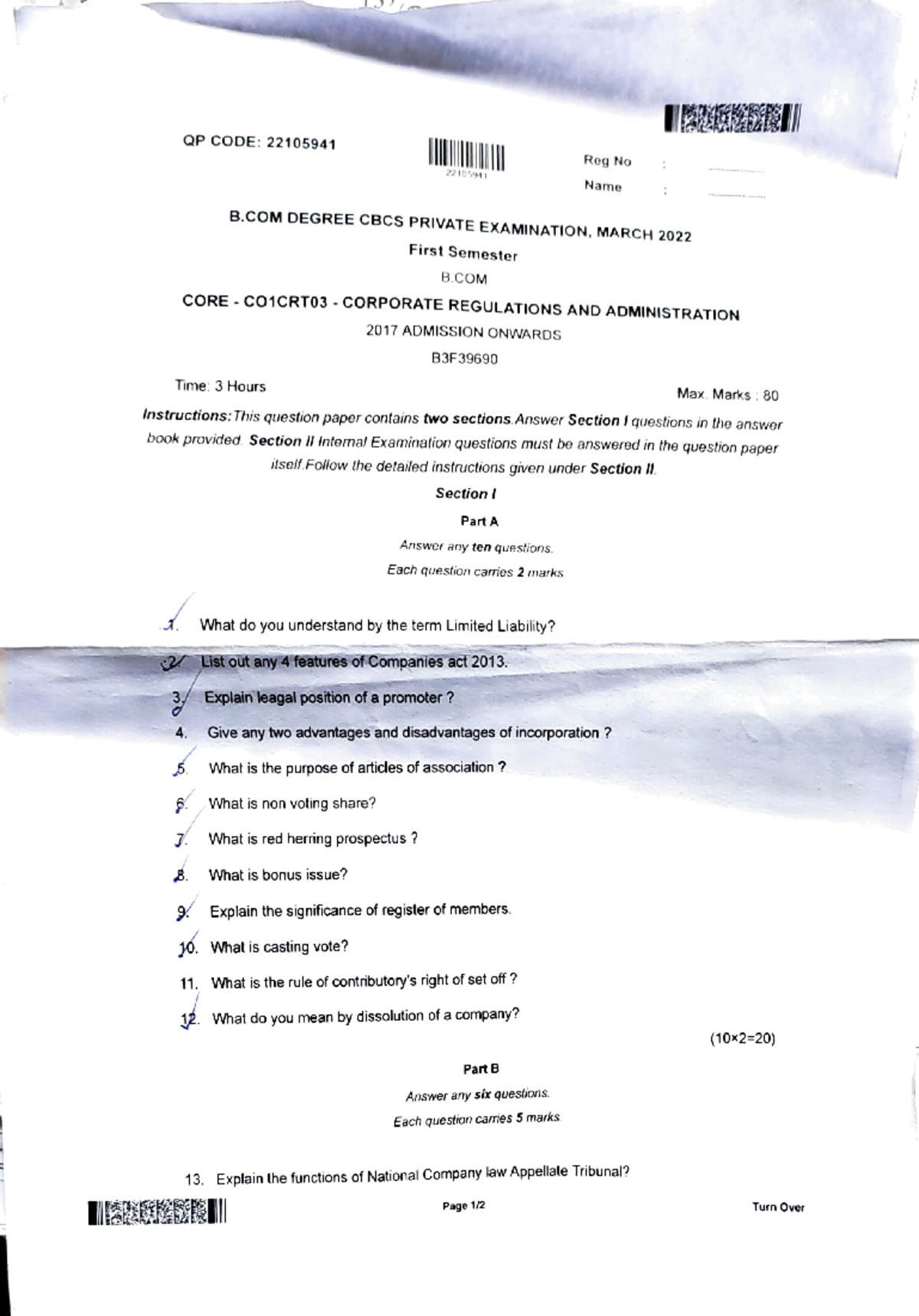 Cra - QP CODE: 22105941 Reg No 22105941 ***** Name eooeooos****** B ...