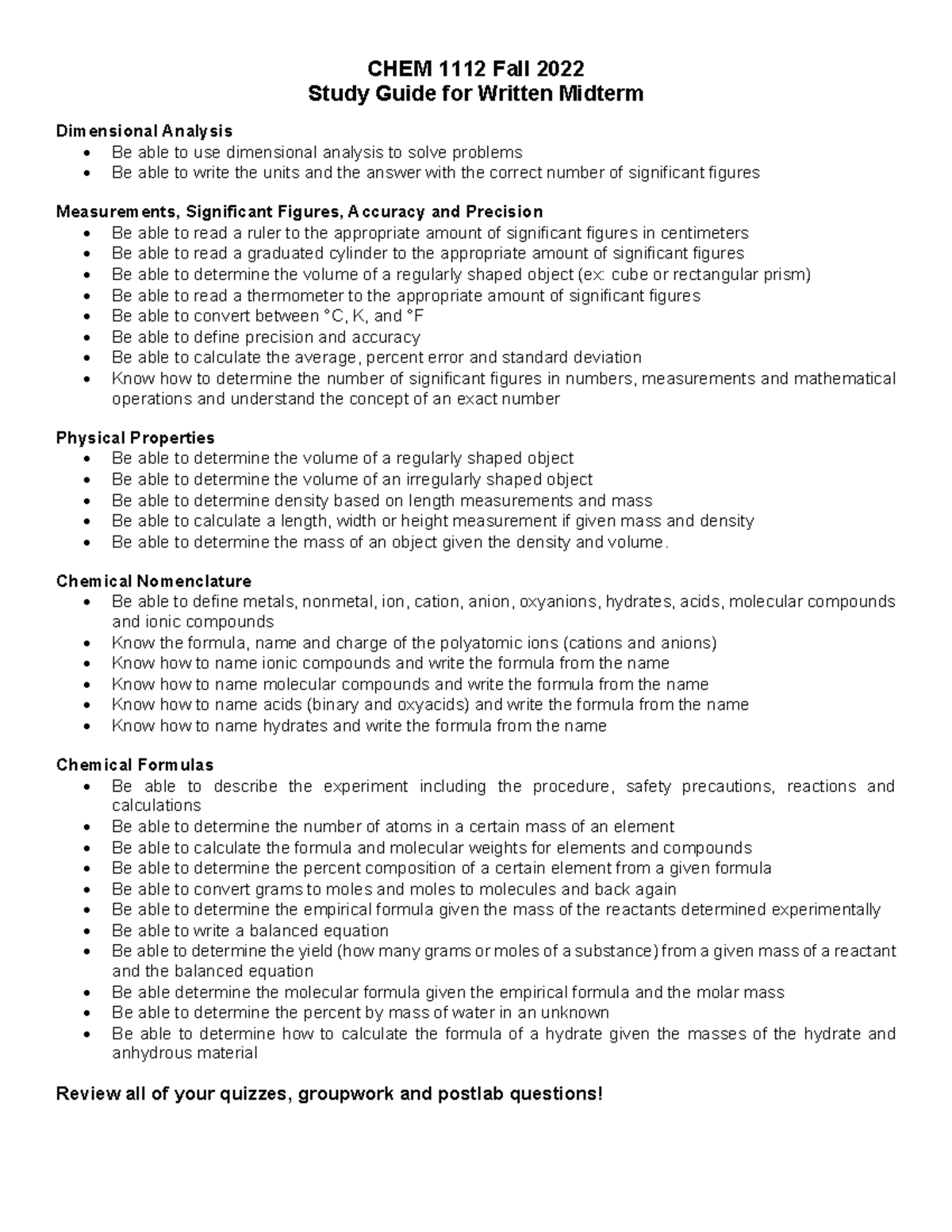 CHEM 1112 Fall 2022 Midterm Study Guide 1 - CHEM 1112 Fall 2022 Study Guide for Written Midterm ...