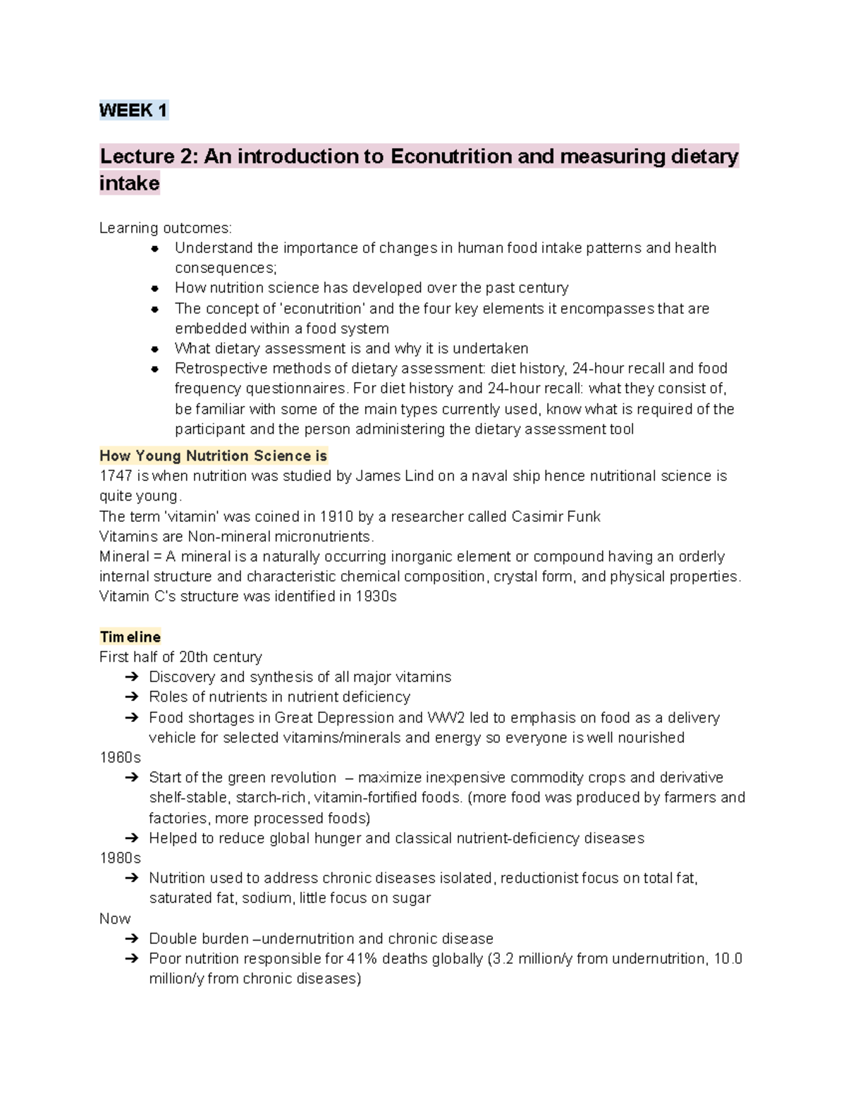 W 1-5 Monitoring Food & Nutrition Intake Notes - WEEK 1 Lecture 2: An ...