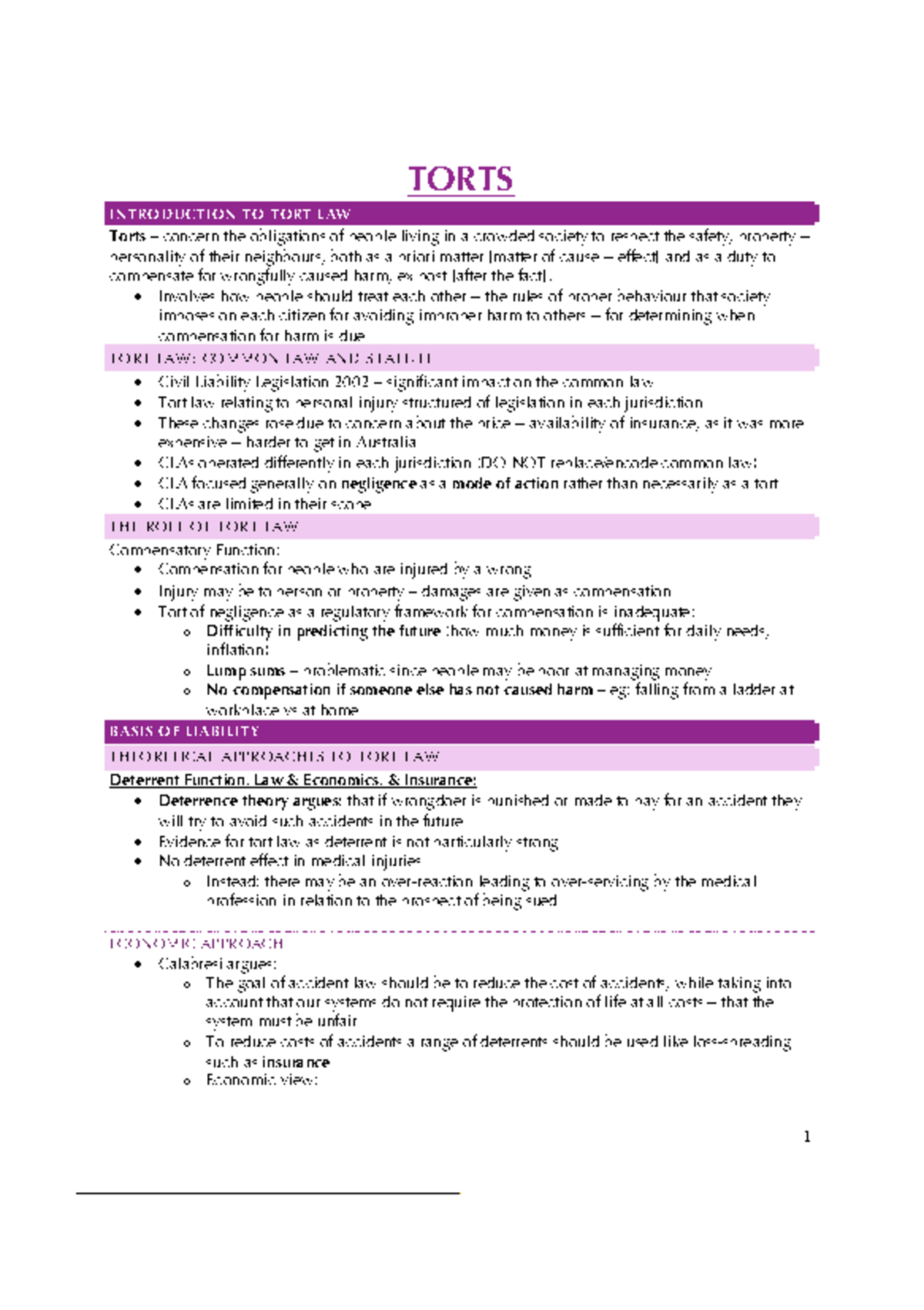 Torts Notes - Summary of entire course - TORTS INTRODUCTION TO TORT LAW ...