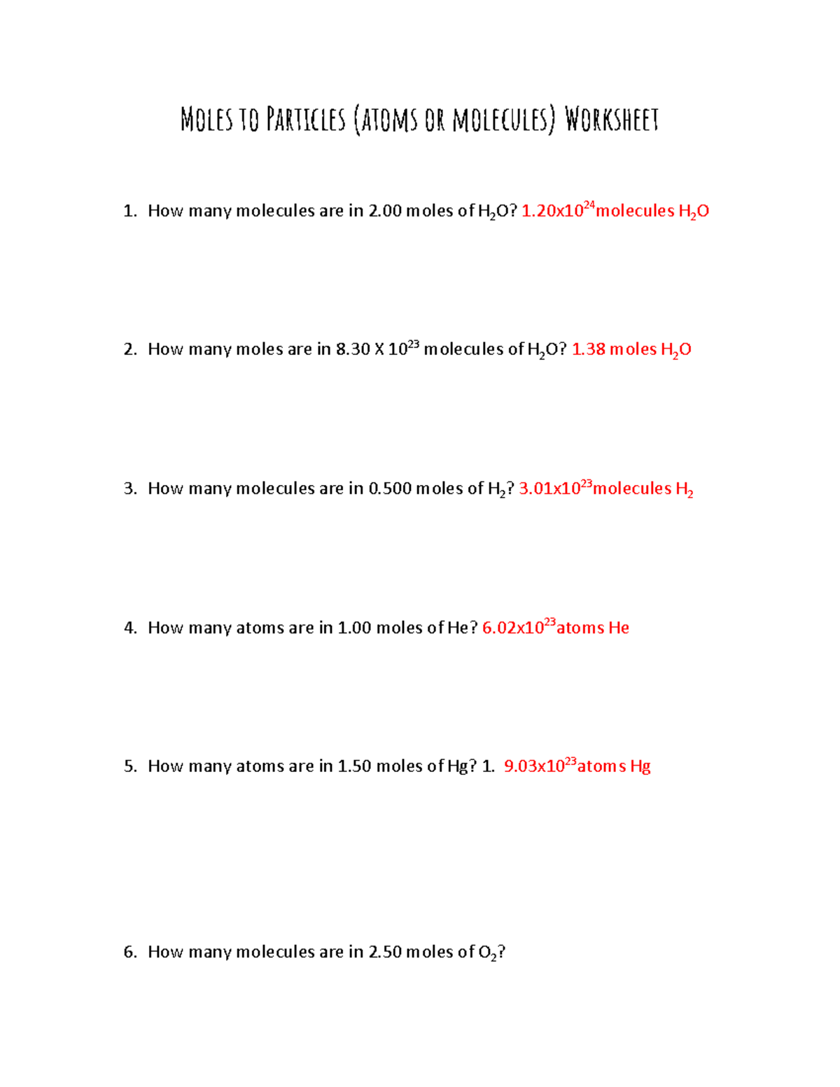 Moles to particles atoms or molecules worksheet - Moles to Particles ...