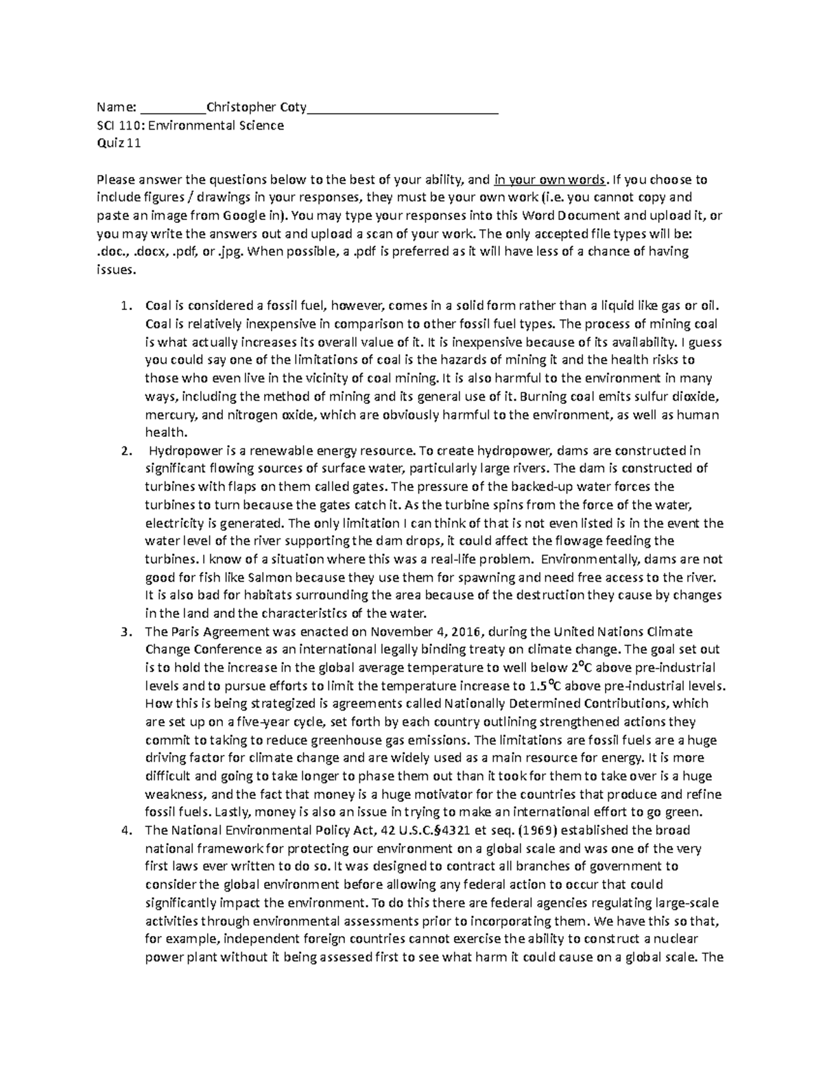 Quiz 11 Environmental Science - Name: Christopher Coty ...