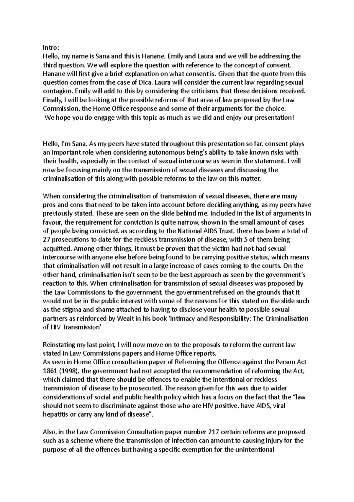 Criminal law Presentation Speech - Intro: Hello, my name is Sana and ...