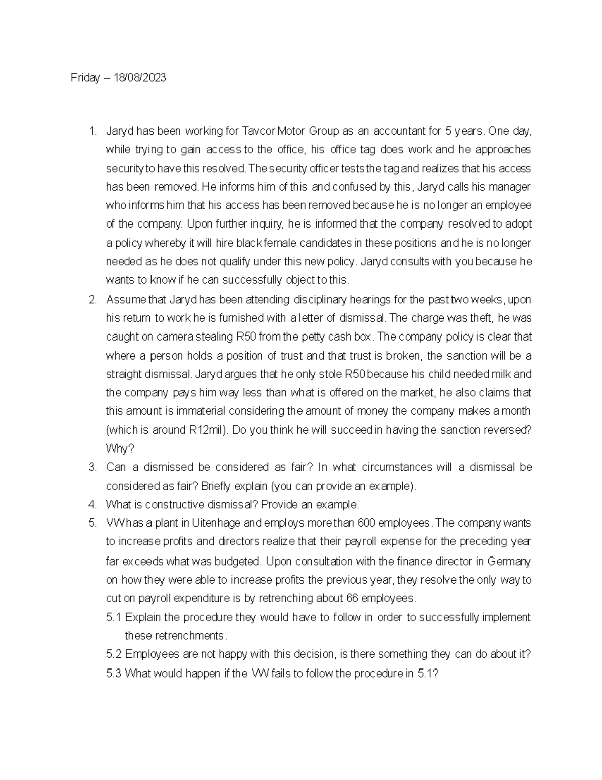 Labour Law Part 2 Friday 18-08-2023 tutorial - Friday – 18/08/ 1. Jaryd ...