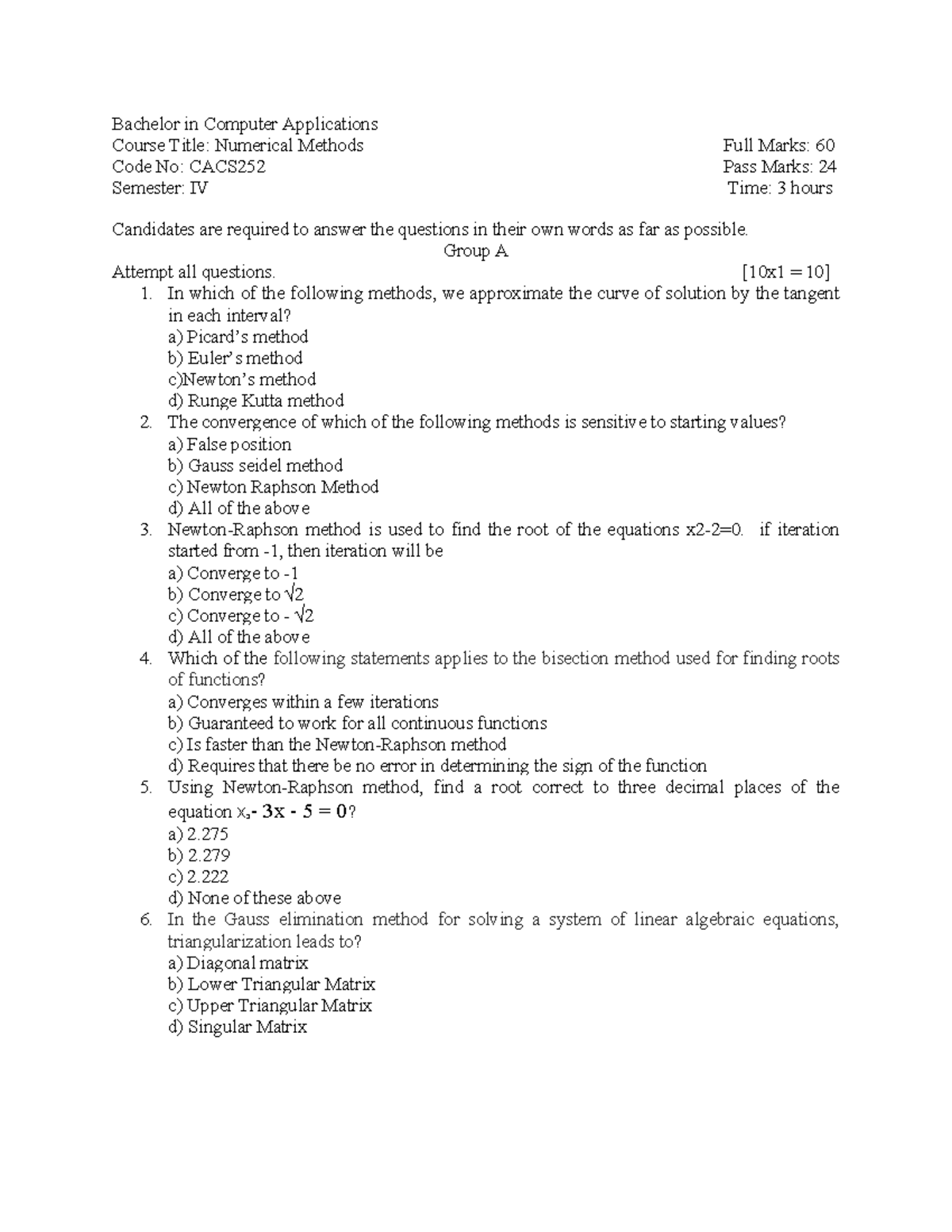Numerical Method Pre Board Question - Bachelor in Computer Applications ...