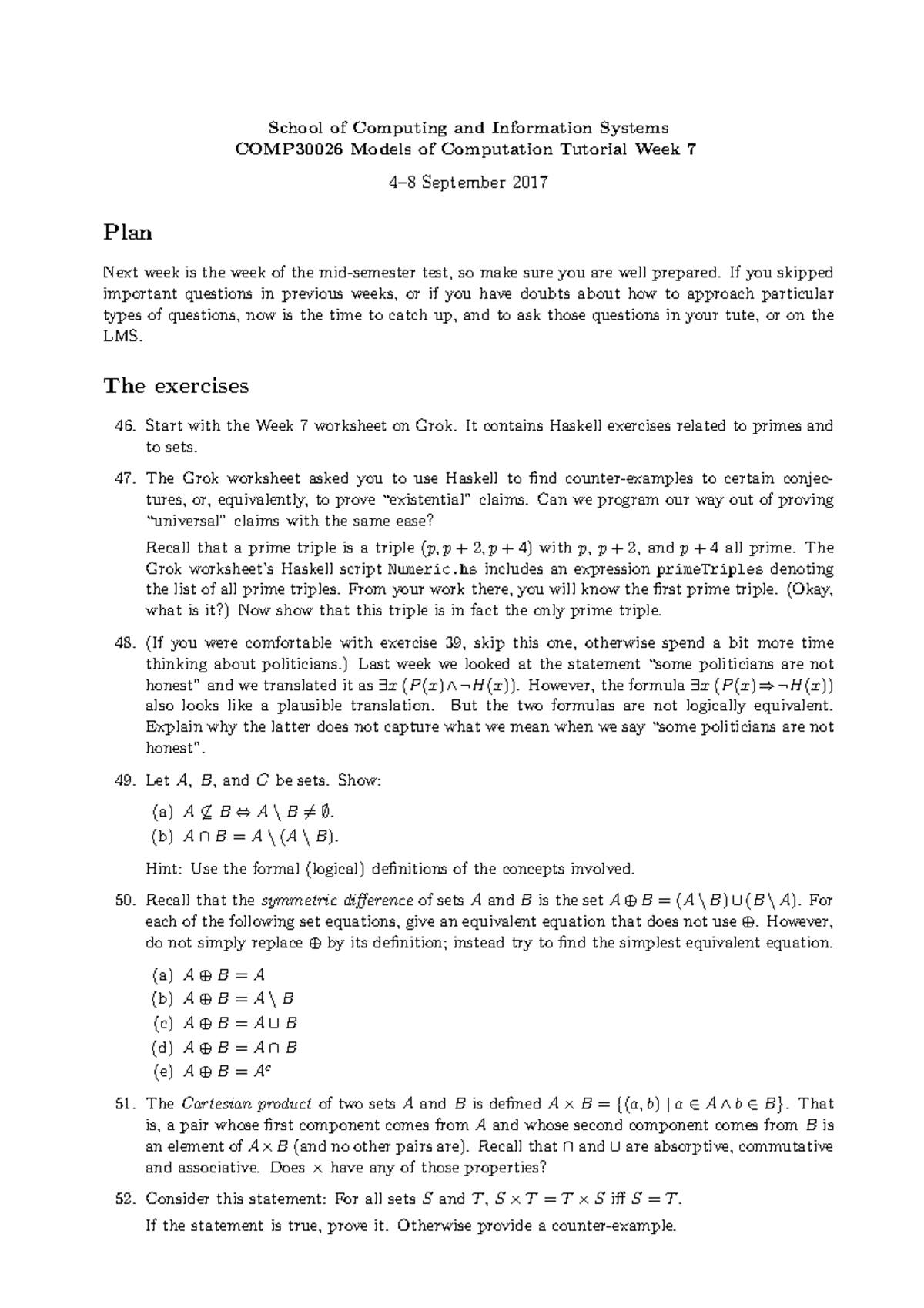 Tute07 - tut7 - School of Computing and Information Systems COMP30026 Models of Computation ...