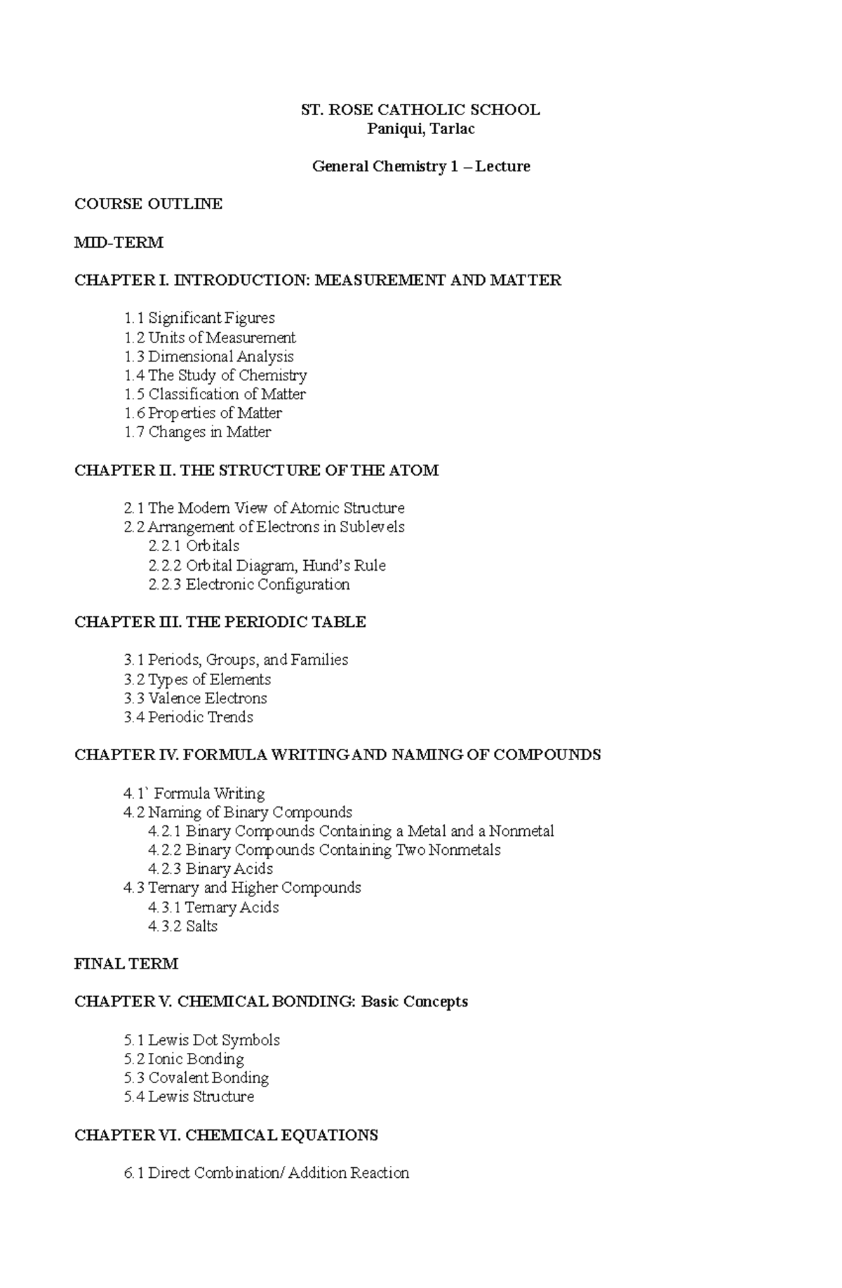 Course Outline in General Chemistry 1 - ST. ROSE CATHOLIC SCHOOL ...
