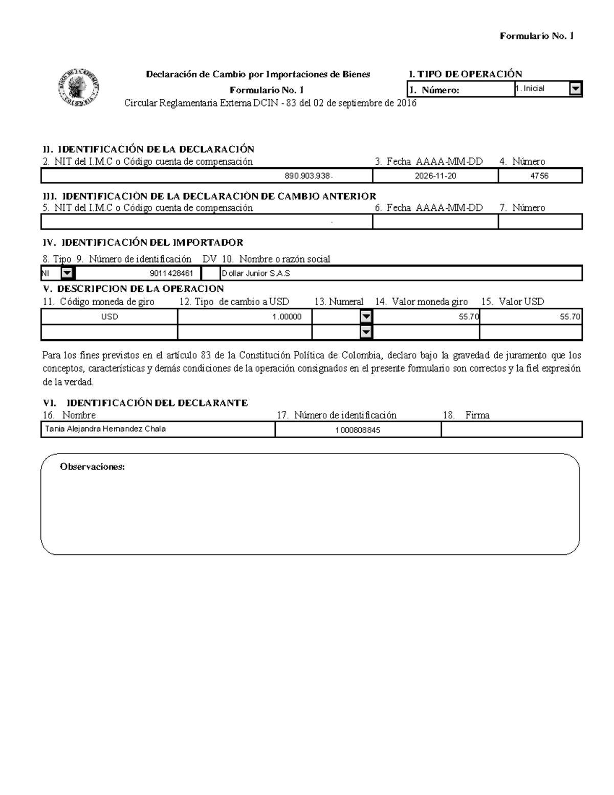 Declaracion de Cambio por Importaciones Tania - Formulario No. 1 I ...