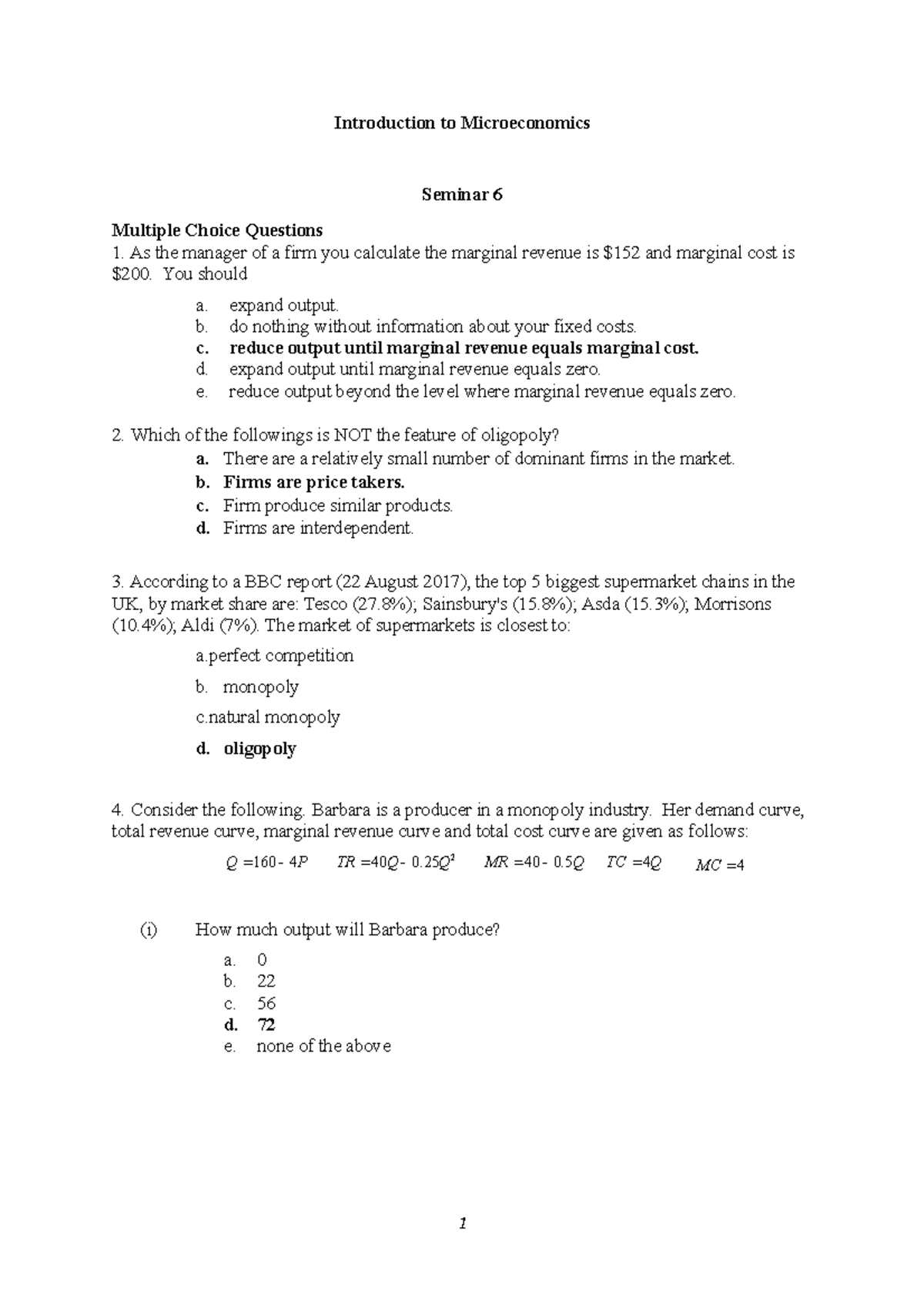 Seminar 6 - answers - Introduction to Microeconomics Seminar 6 Multiple ...