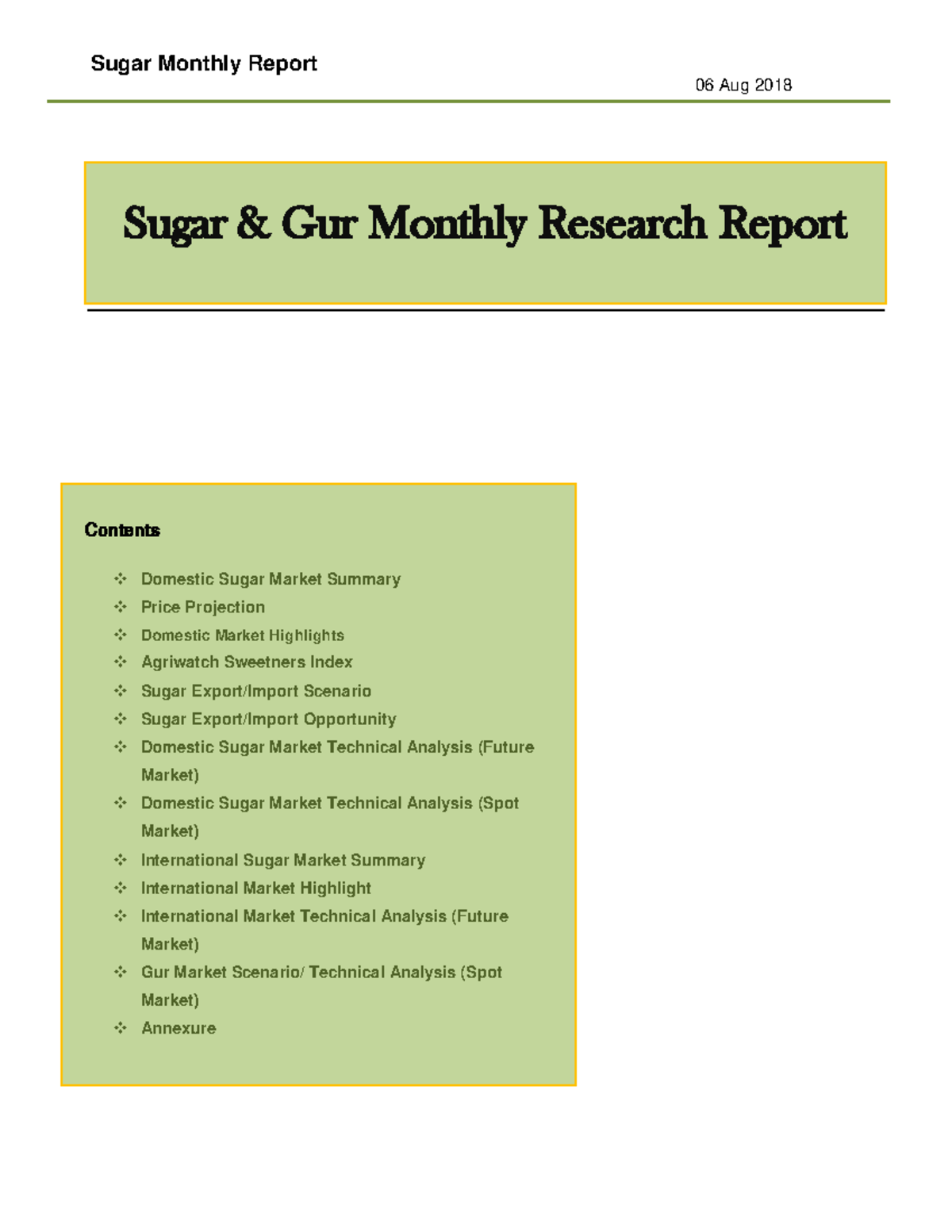 Sugarandgurmonthlyreport - 06 Aug 2018 Sugar Monthly Report July 2018 ...