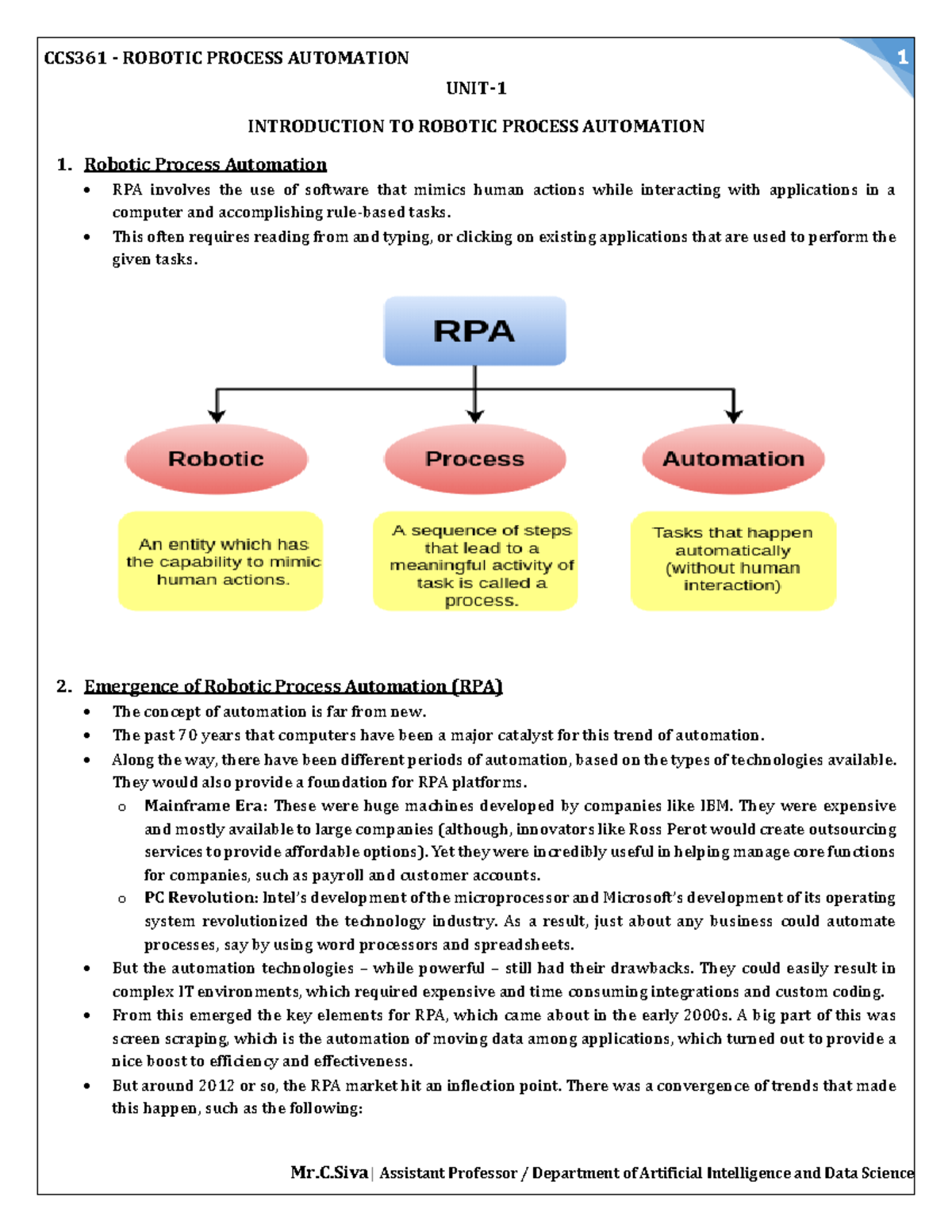 705344978 Ccs361 Rpa Unit 1 Notes - UNIT- INTRODUCTION TO ROBOTIC ...
