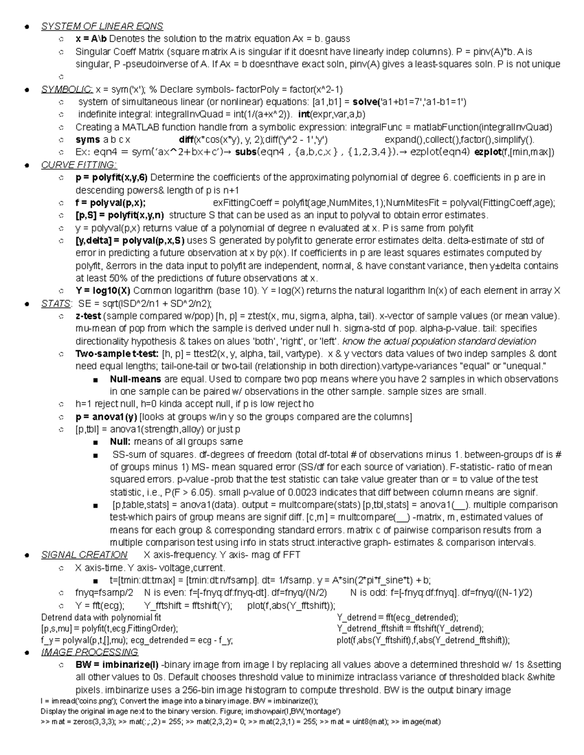 Bme 60b cheat sheet - Summary Engineering Analysis / Design - SYSTEM OF ...