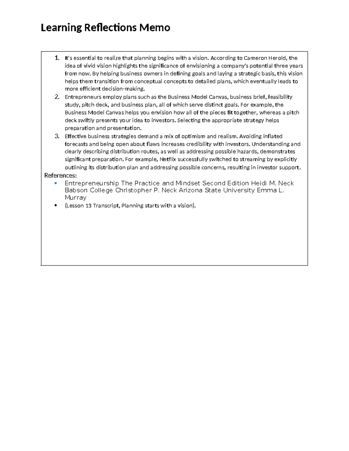 Learning Reflections Template (5) - Learning Reflections Memo 1. It's ...