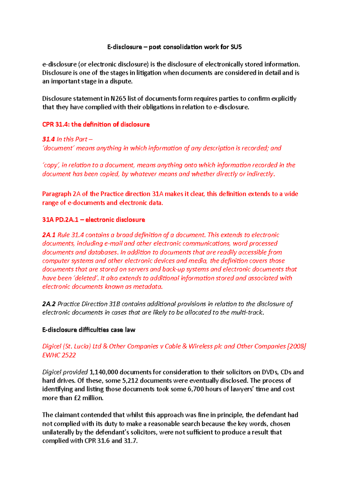 E-disclosure crib sheet - E-disclosure – post consolidation work for SU ...