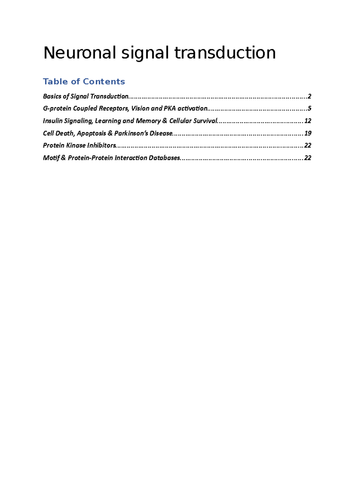 Neuronal signaling pathways - Neuronal signal transduction Table of ...