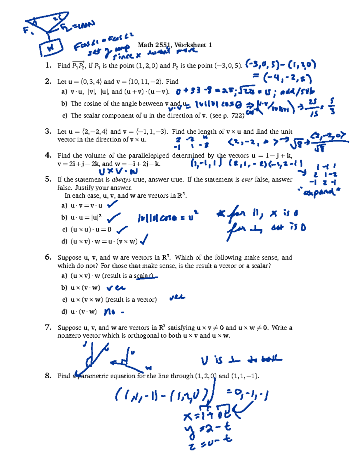 2551 studio WS1 - Math 2551, Worksheet 1 1. Find −−→ P 1 P 2 , if P 1 ...