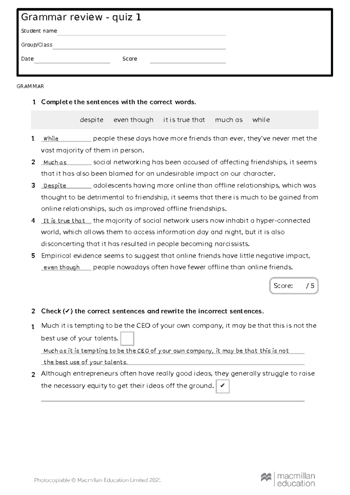 C1.1 Grammar review - quiz 1 Answer key - Grammar review - quiz 1 ...