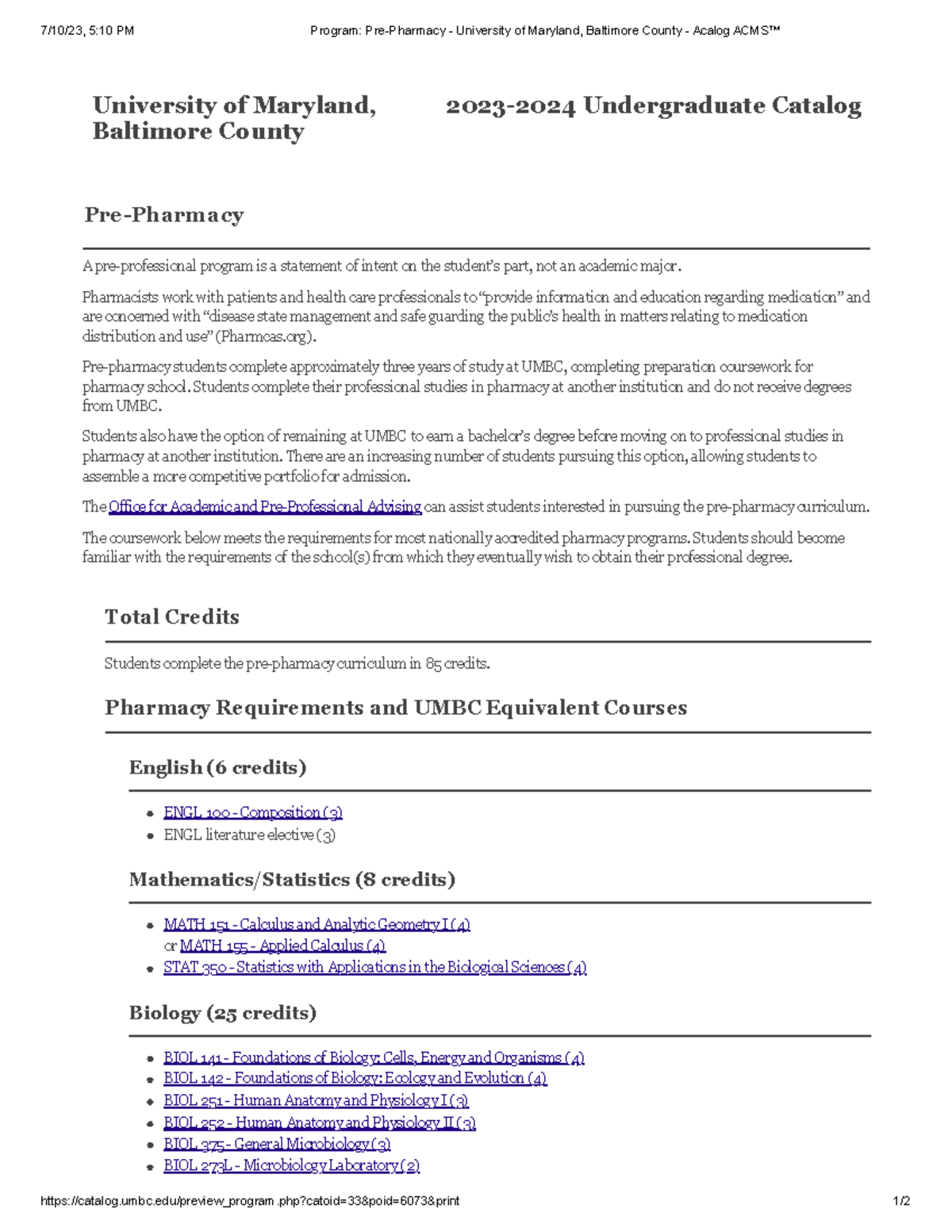 Program Pre-Pharmacy - University of Maryland, Baltimore County - Acalog ACMS™11 - Studocu