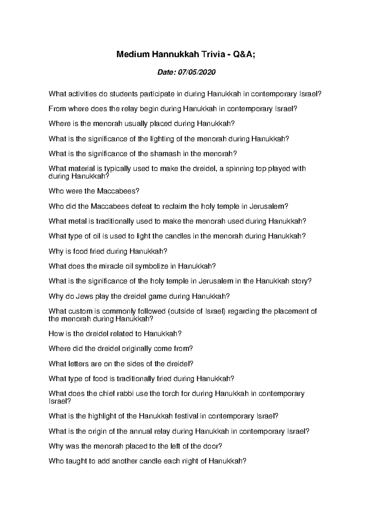 Medium Hannukkah Trivia Q&A 75 - Medium Hannukkah Trivia - Q& Date: 07 ...