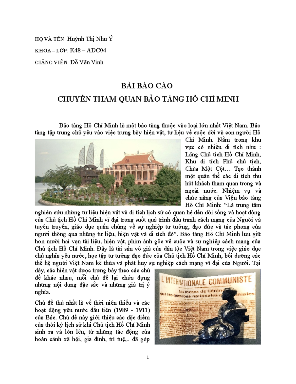 BÁo CÁo Tham Quan BẢo TÀng HỒ ChÍ Minh HỌ VÀ TÊn Huỳnh Thị Như Ý KhÓa LỚp K48 Adc GiẢng