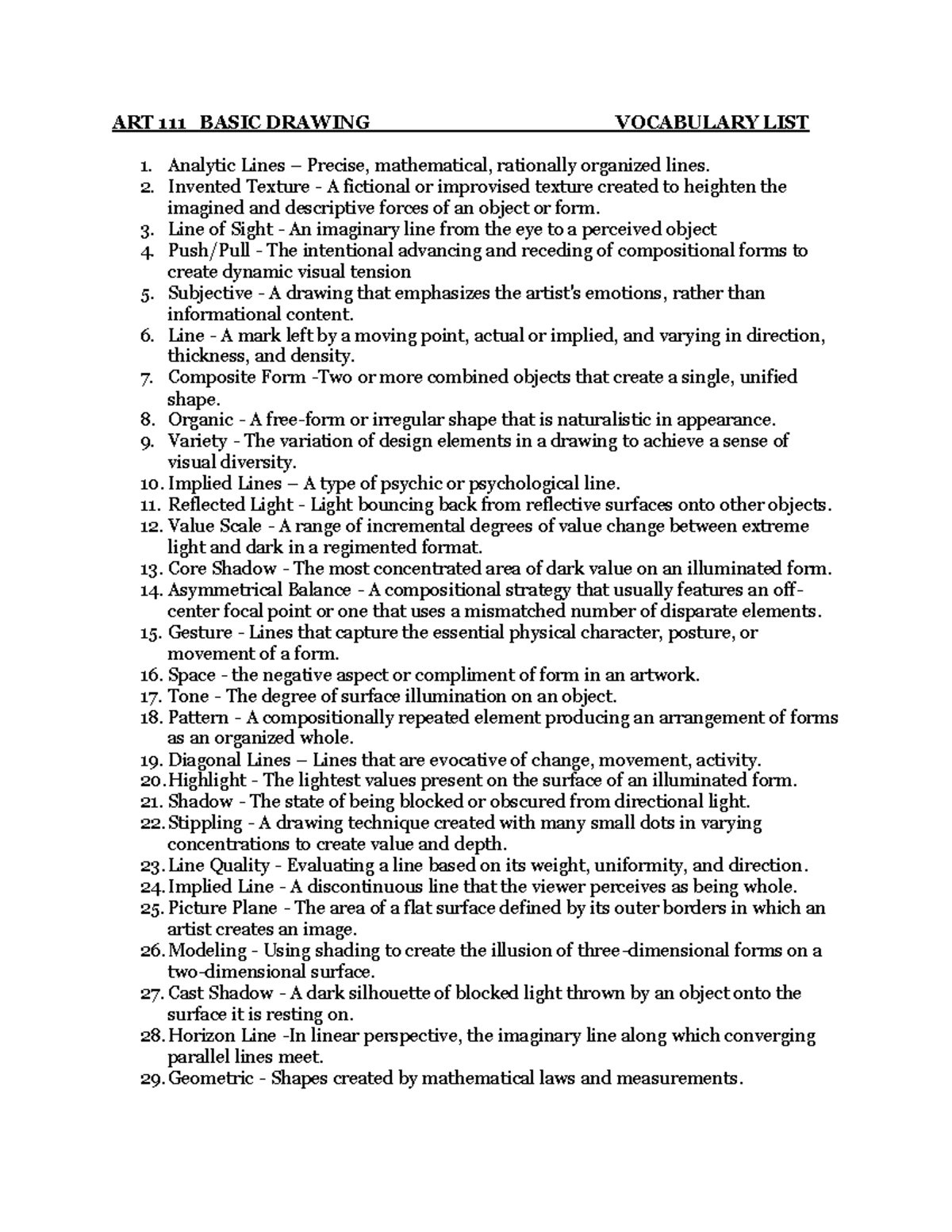 ART 111 Vocab LIST - ART 111_BASIC DRAWING VOCABULARY LIST Analytic ...