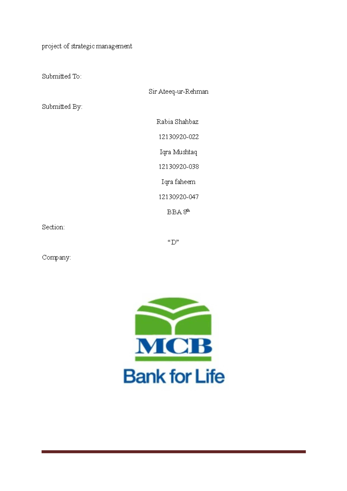 Strategic management MCB Bank - project of strategic management ...