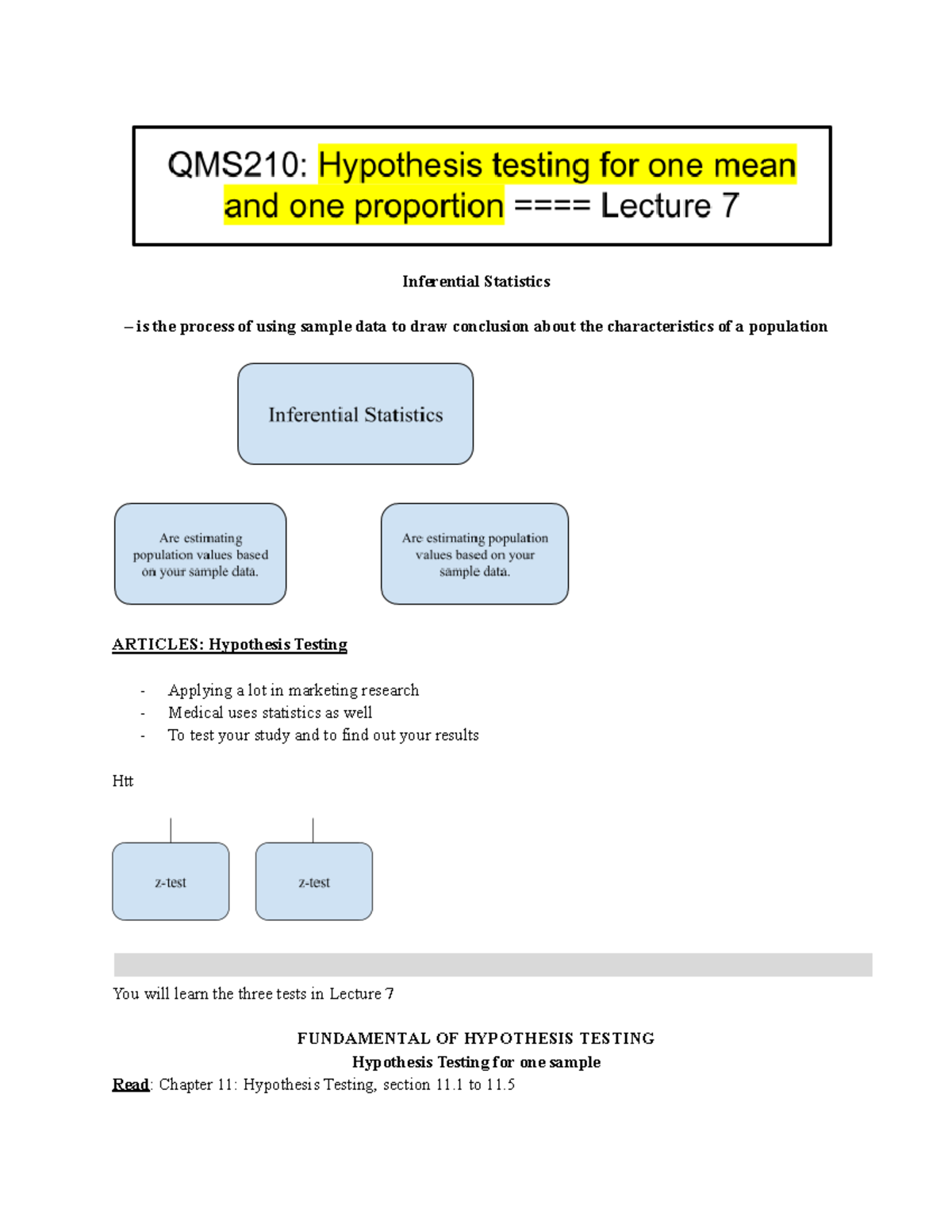 QMS 21O - Week 7 - qms lecture notes - Inferential Statistics is the ...