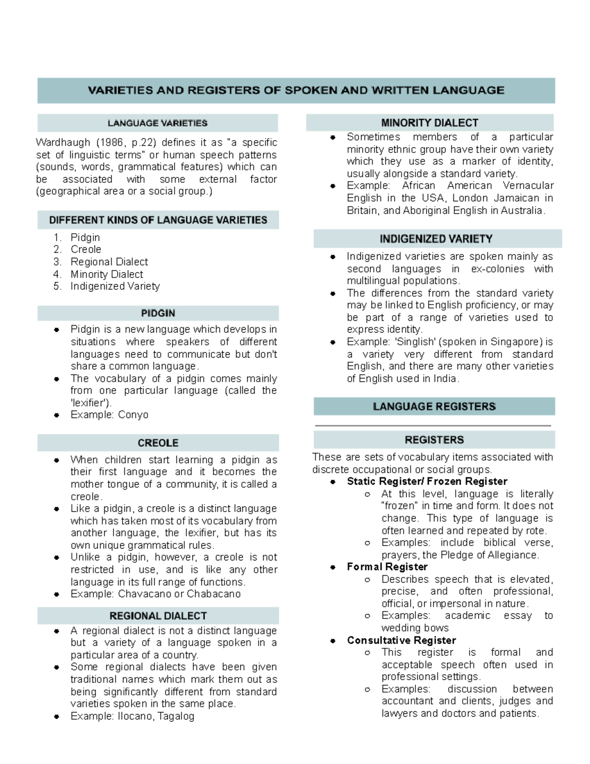 PURC- Midterm - Notes - Wardhaugh (1986, p) defines it as “a specific ...