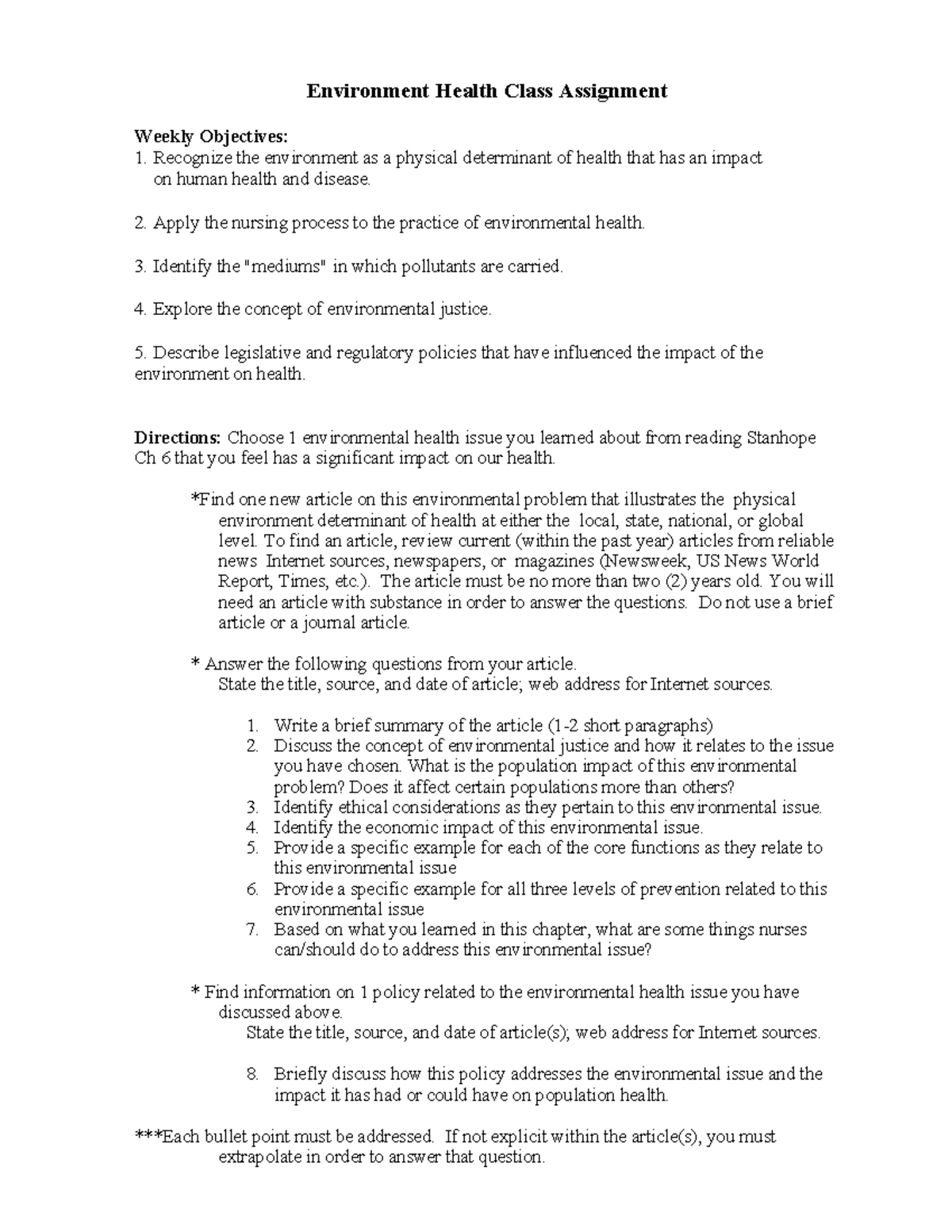 Environmental health class assignment - Environment Health Class ...