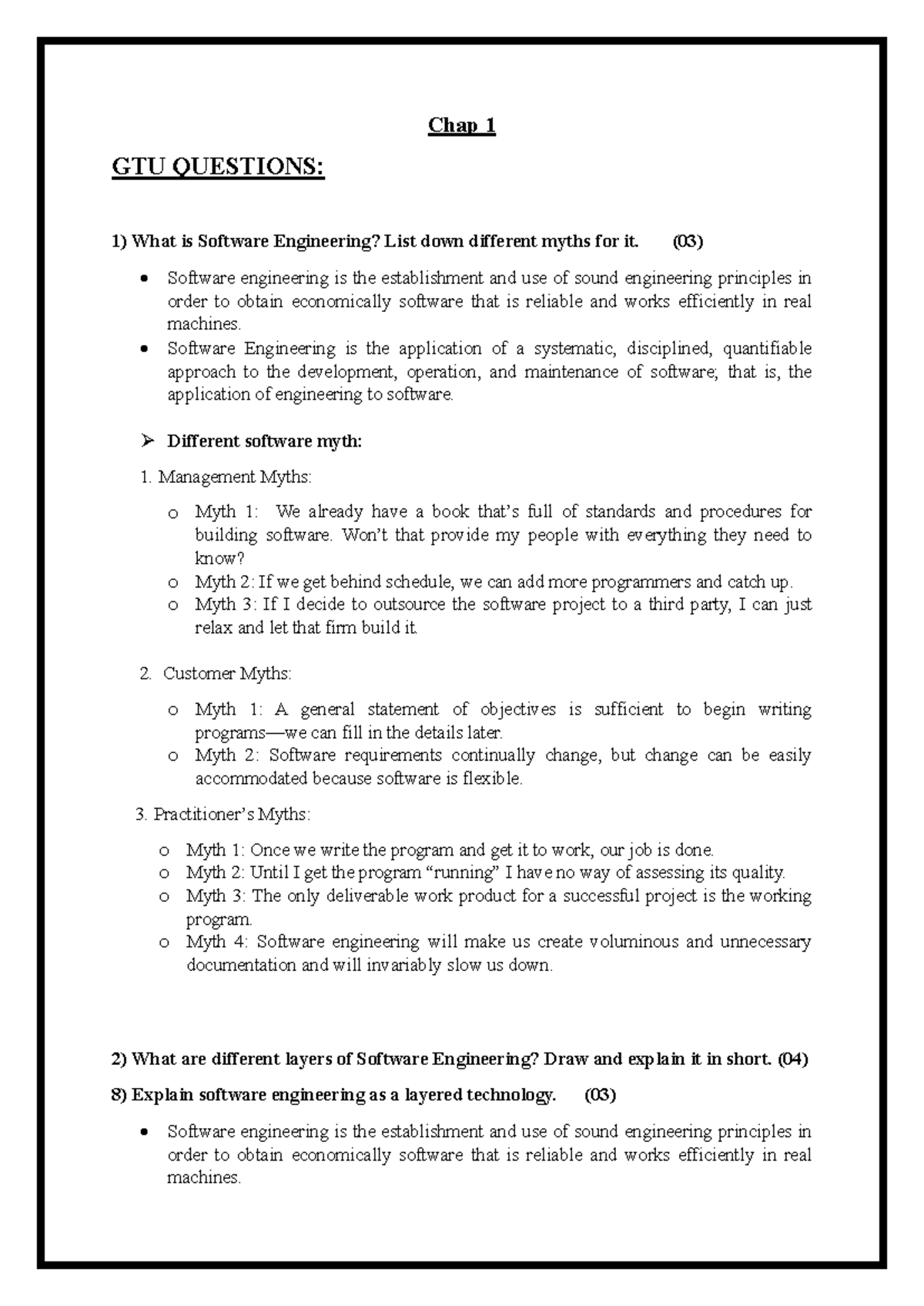 SE Chap 1 - notes - Chap 1 GTU QUESTIONS: 1) What is Software ...