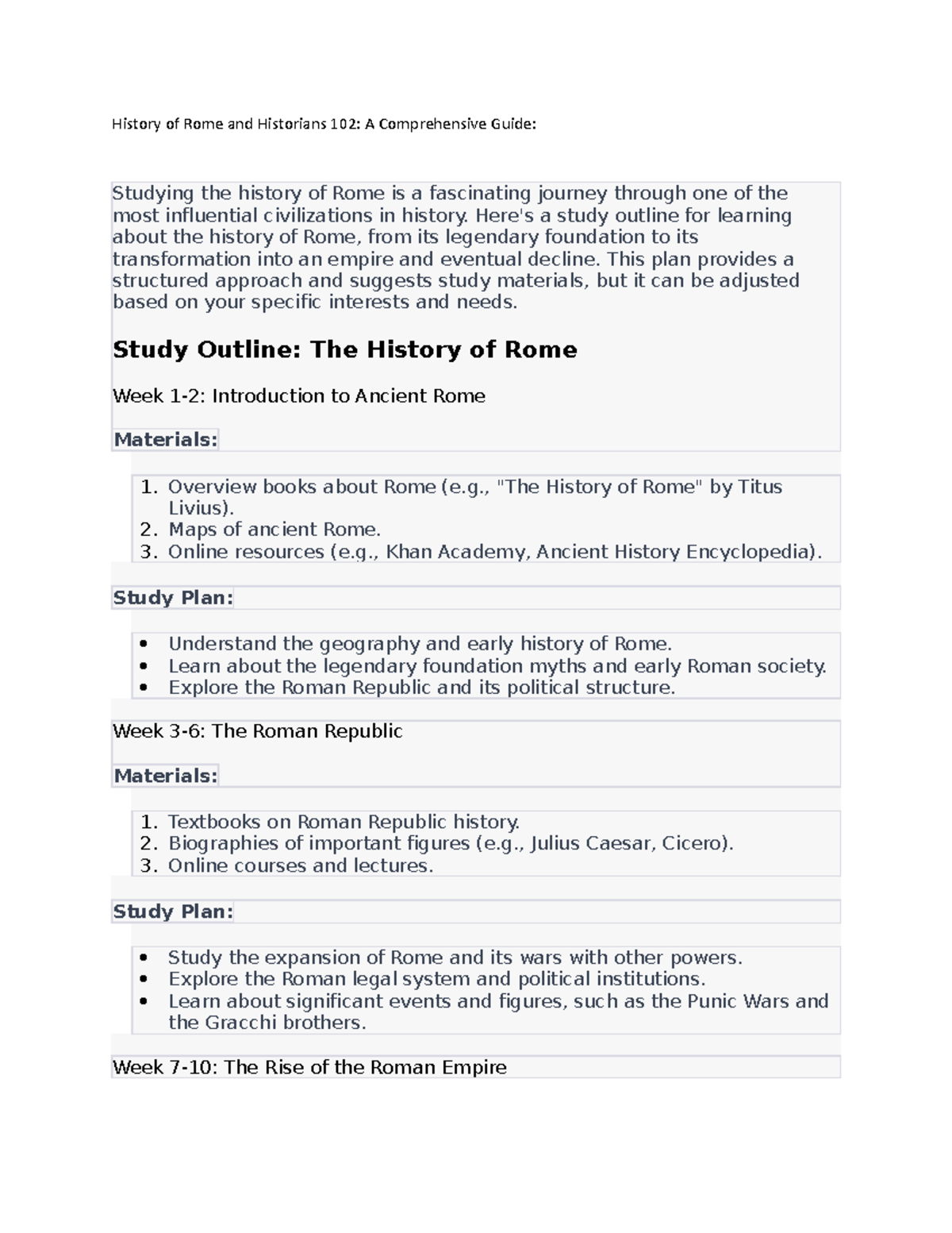 History of Rome and Historians 102 - Here's a study outline for ...