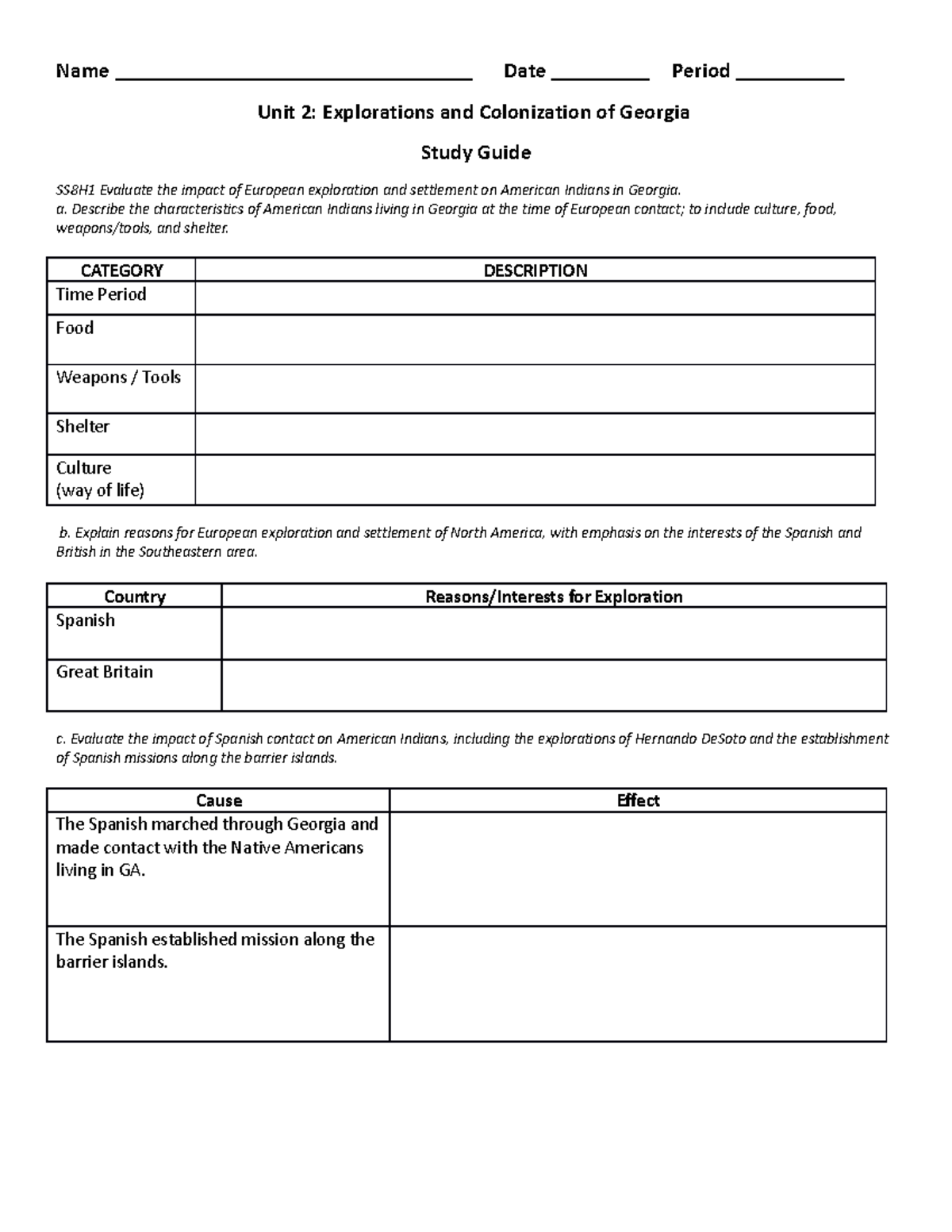 Unit 2 Study guide 2019 - Georgia Studies - Name ...