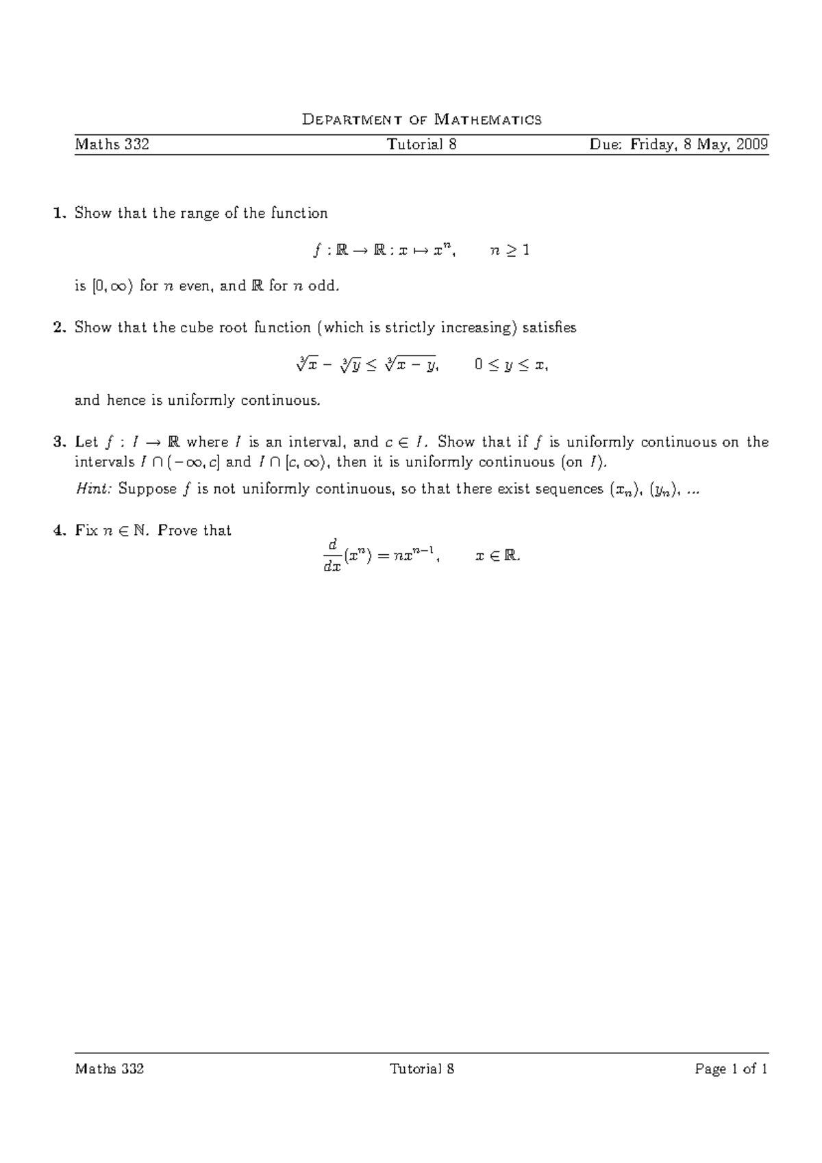 MATHS332 2009 Tutorial 8 - Department of Mathematics Maths 332 Tutorial ...