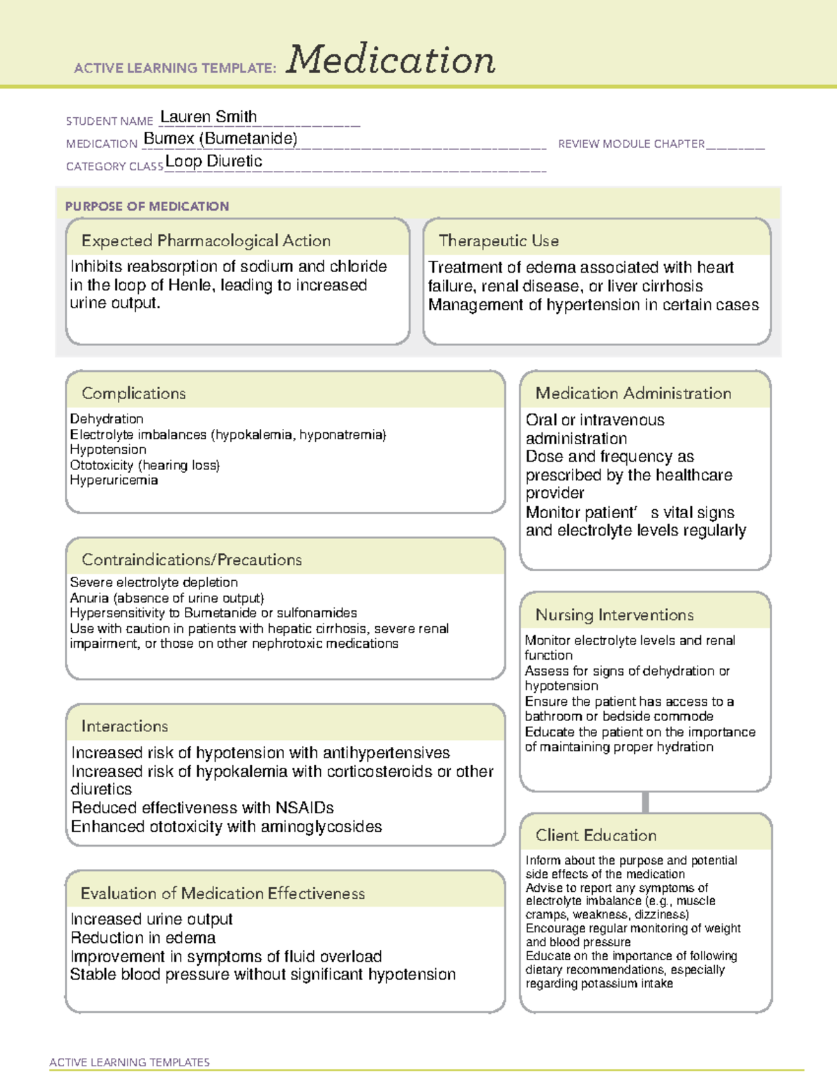 Bumex - med templates - ACTIVE LEARNING TEMPLATES Medication STUDENT ...
