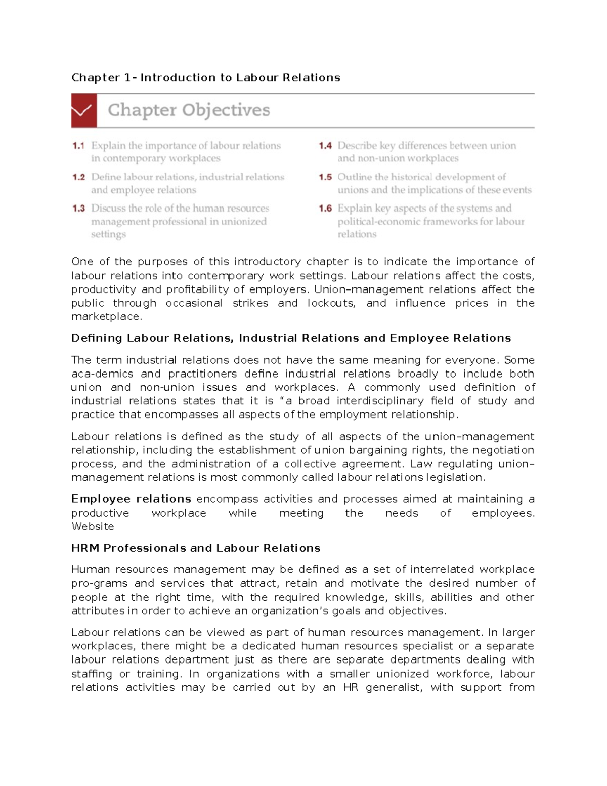 Chapter 1 - study - Chapter 1- Introduction to Labour Relations One of ...