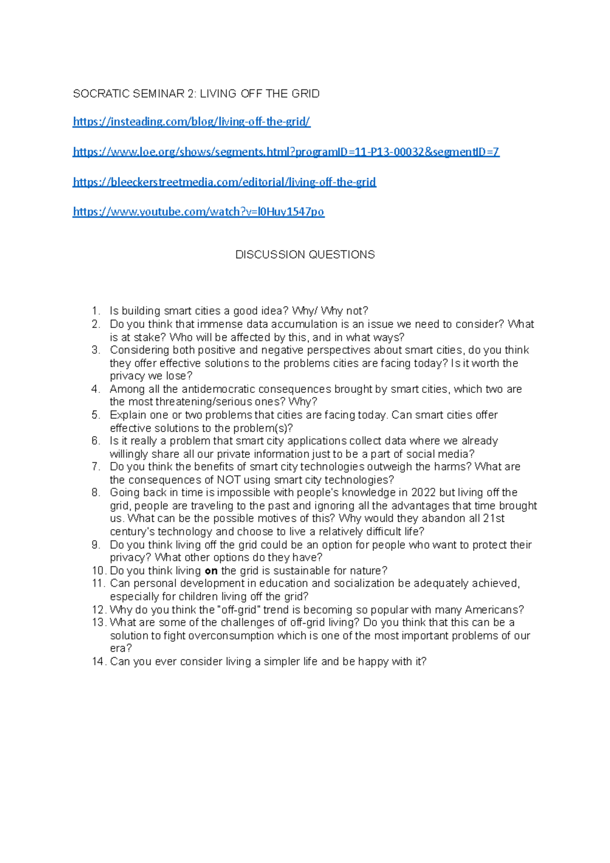 Socratic Discussion Questions -2 - SOCRATIC SEMINAR 2: LIVING OFF THE ...