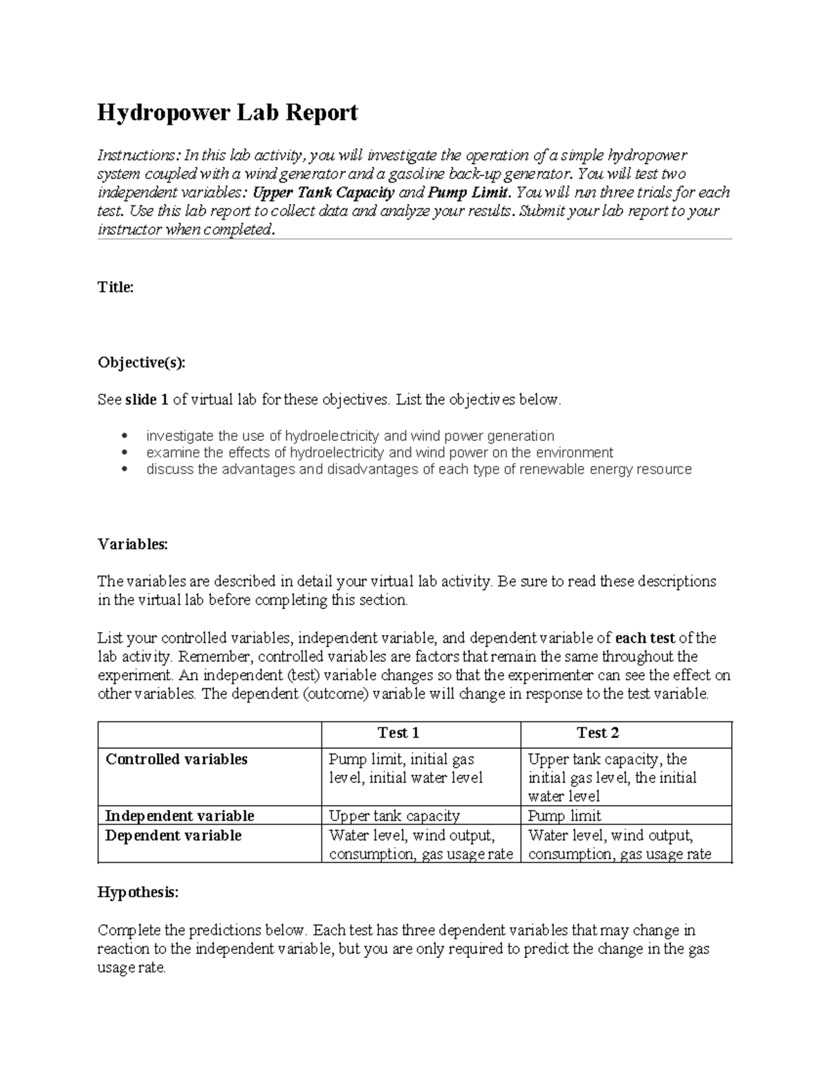 Hydropower lab report - Hydropower Lab Report Instructions: In this lab ...