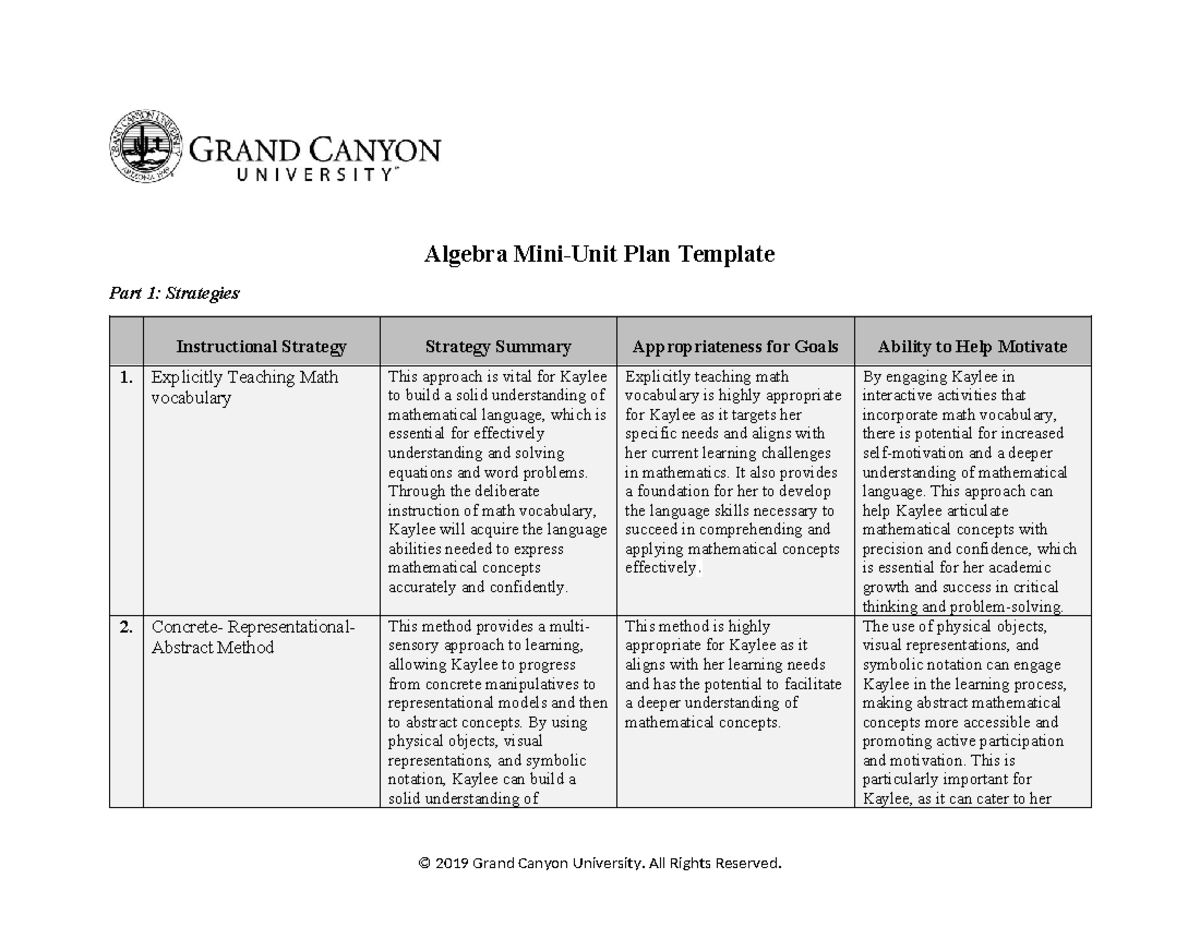 Algebra Unit Plan BAR Lesson - Algebra Mini-Unit Plan Template Part 1 ...