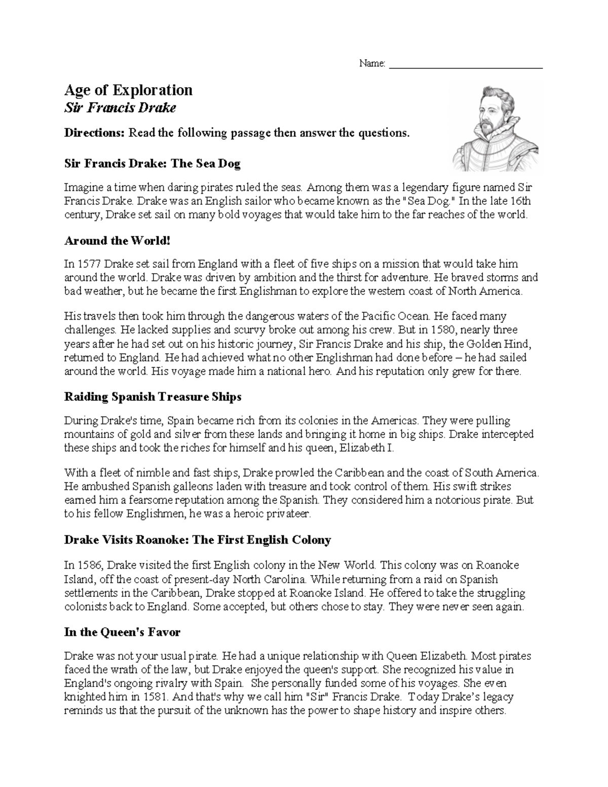 Sir francis drake worksheet - Name: _______________________________ Age ...