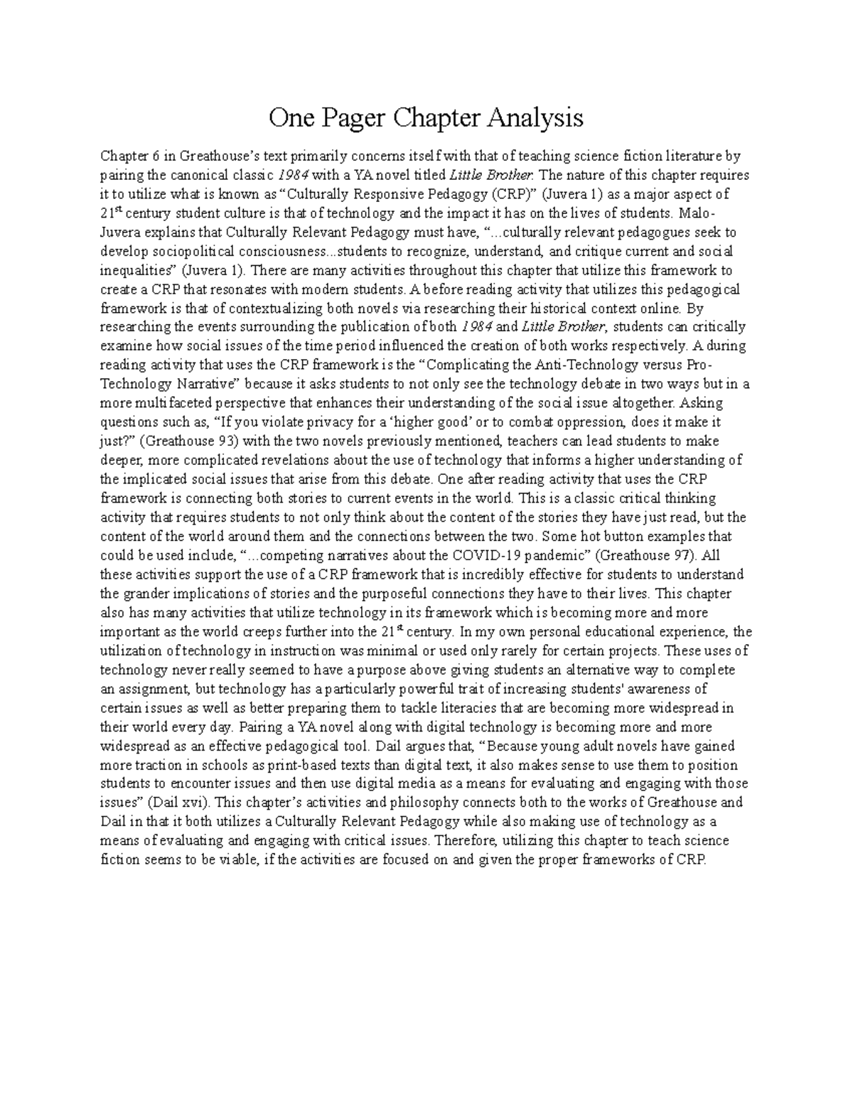 One Pager LAE4466 - In-depth analysis of a a chapter reading. - One ...