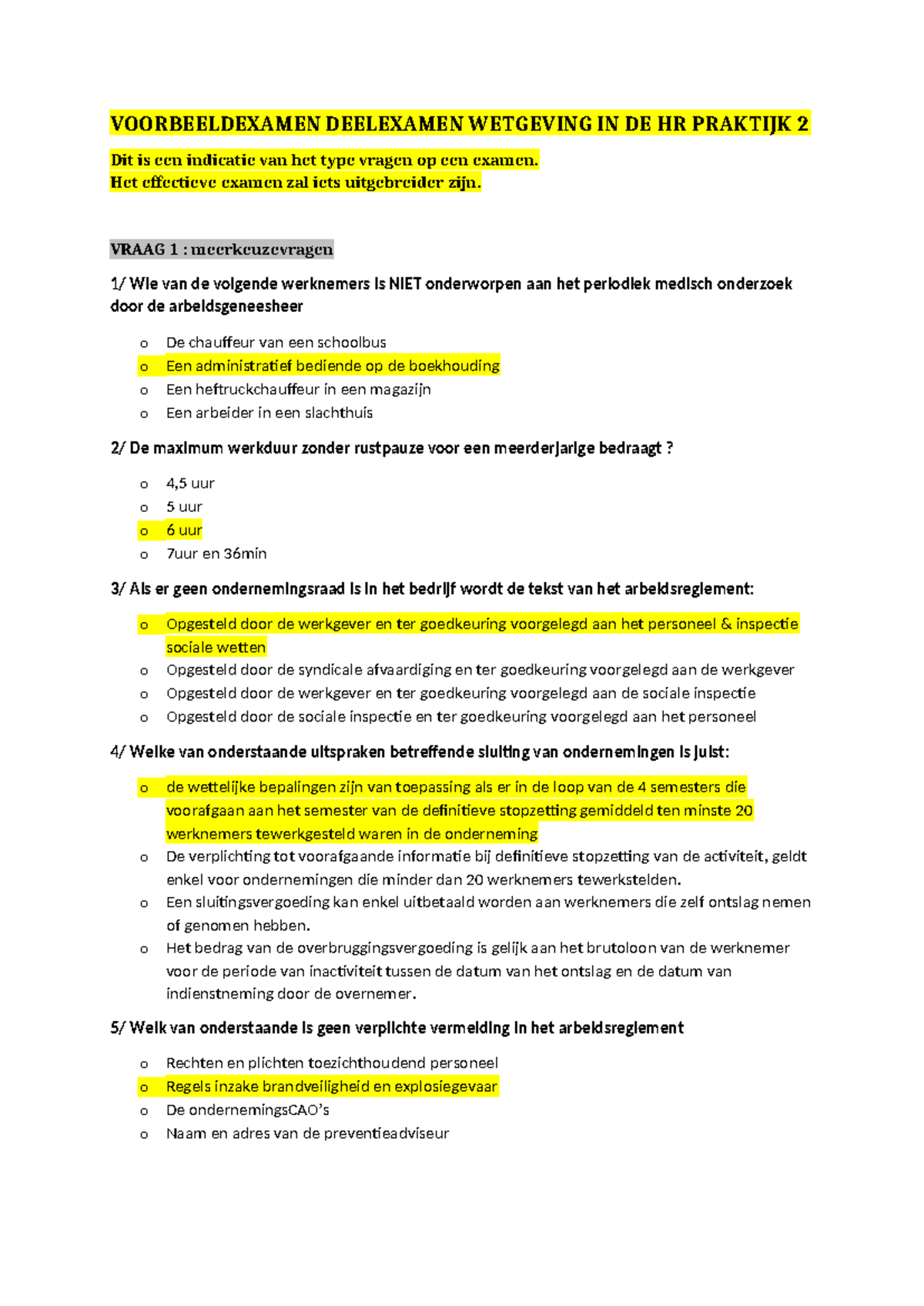 Voorbeeldexamen - arbeidsreglement - VOORBEELDEXAMEN DEELEXAMEN ...